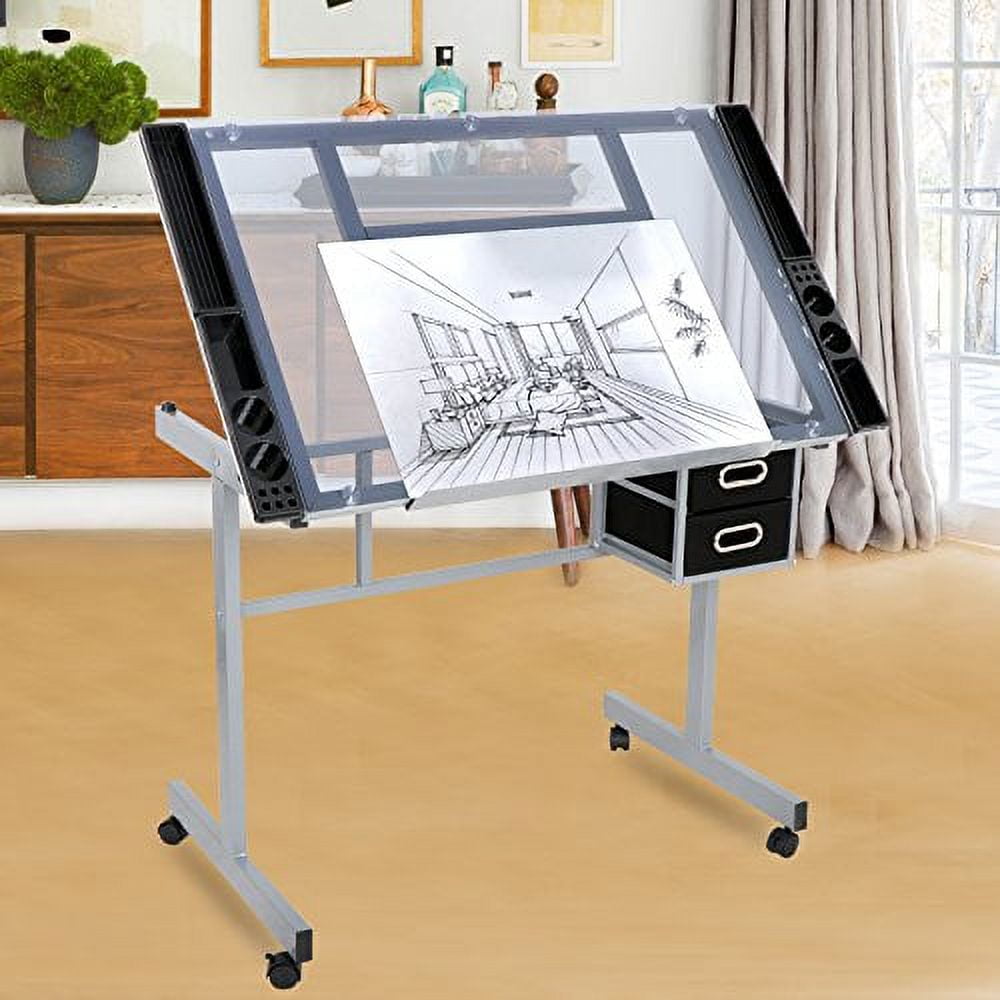 Adjustable Drafting Table Glass Top Drawing Desk Craft Station Art ...