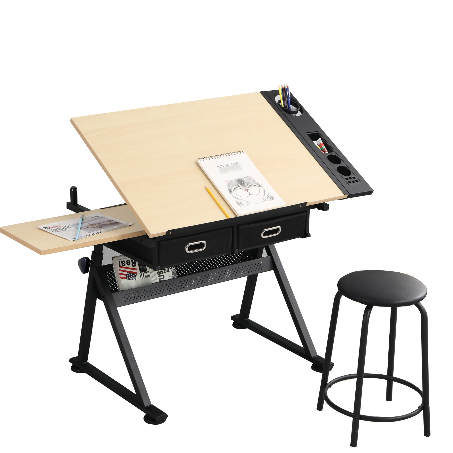 Adjustable Drafting Table For Home Office & Use With 2 Drawers And ...