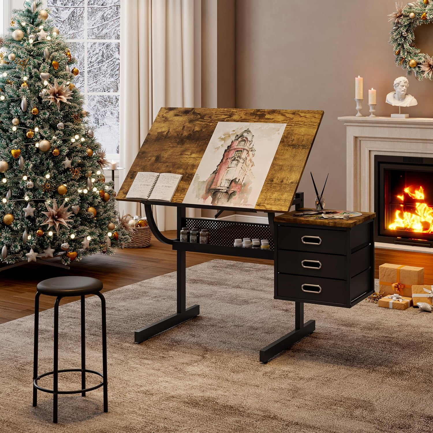 Adjustable Drafting Table with Stool, Art Table Craft Drawing Desk ...