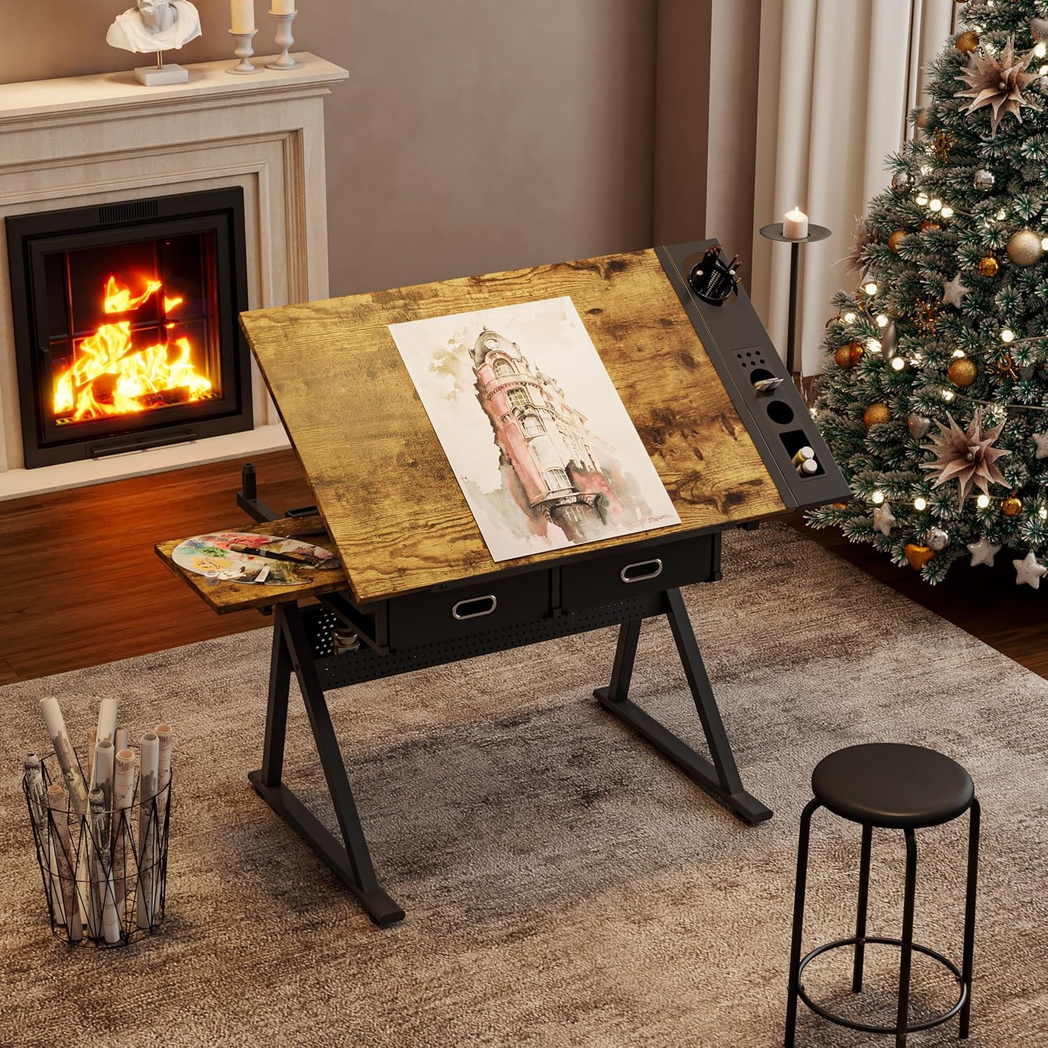 Adjustable Drafting Table with Stool, Drafting Desks with 2 Storage ...