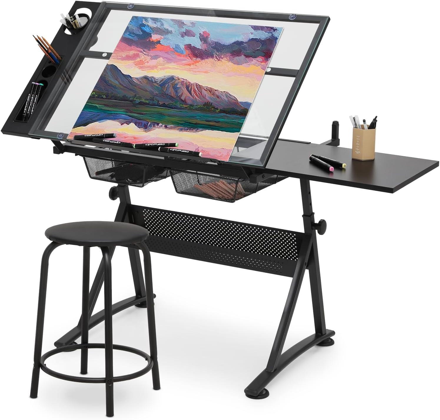 Adjustable Drafting Table & Stool Set, Art Desk with Additional Slide ...