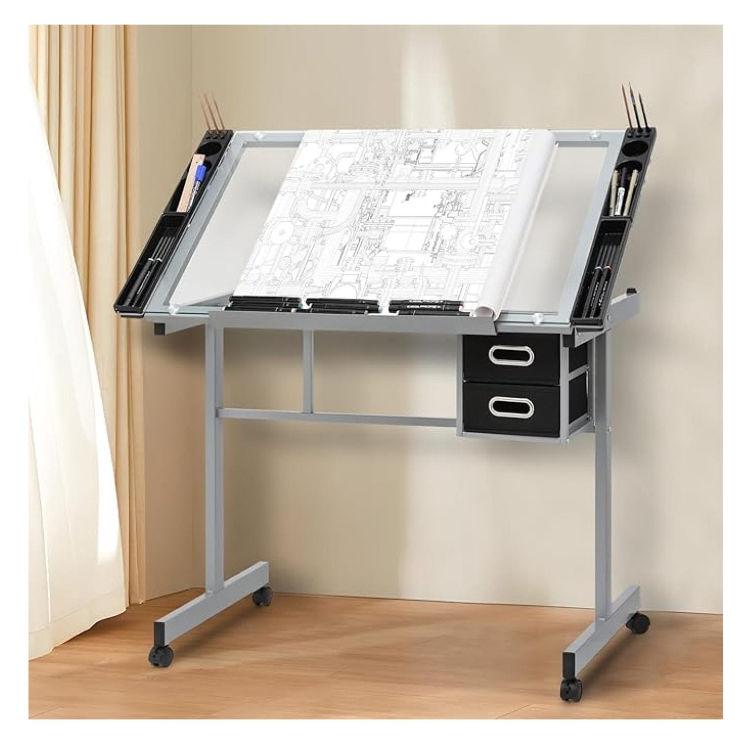 Adjustable Drafting Table & Stool Set, Art Desk with Additional Slide ...