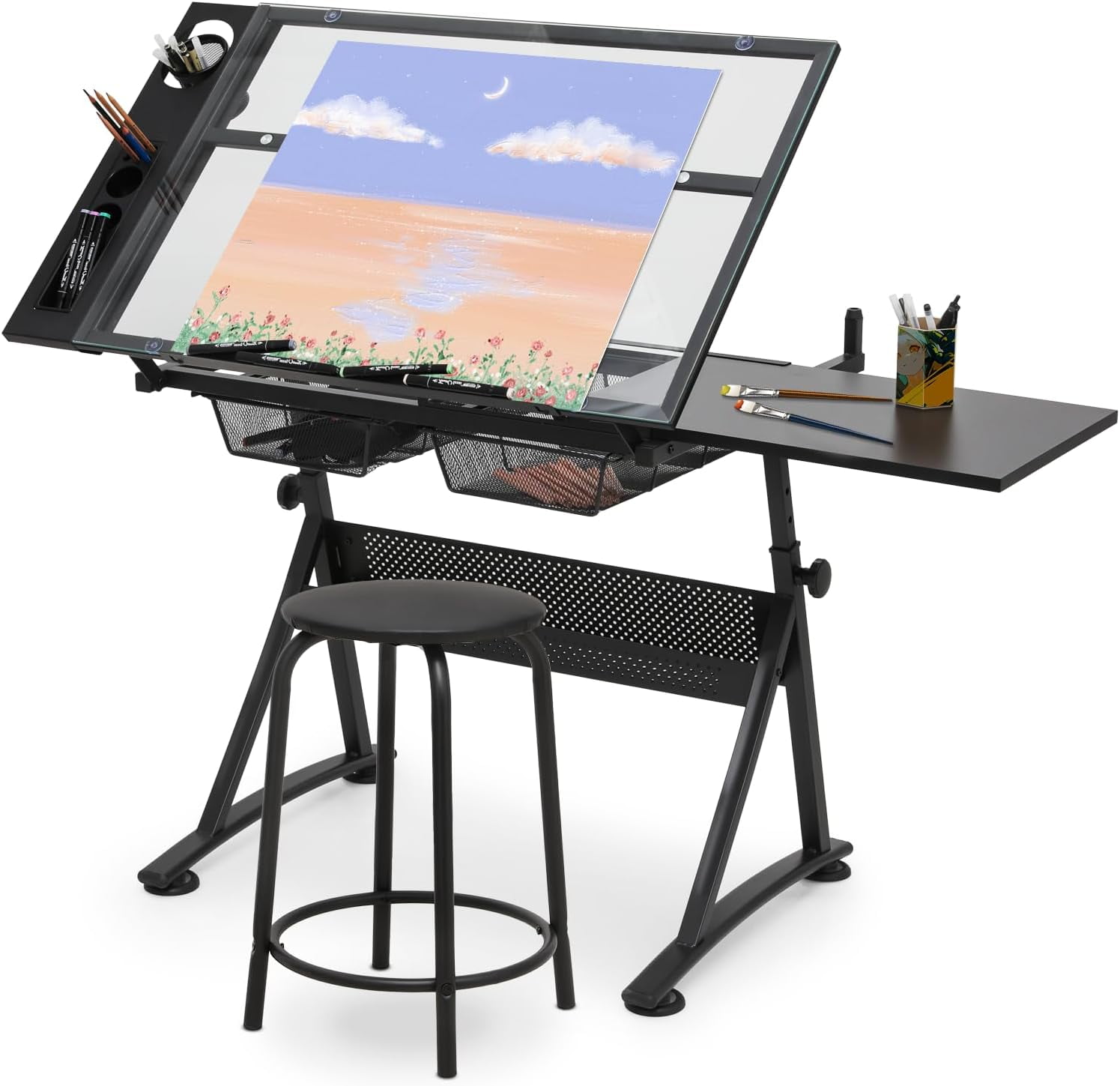 Adjustable Drafting Table & Stool Set, Art Desk with Additional Slide ...