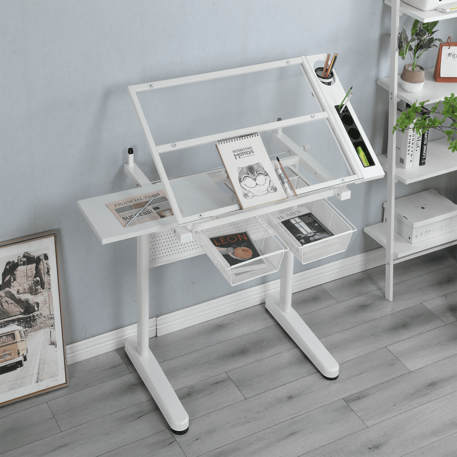 Adjustable Drafting Table & Stool Set with Storage, Drawing Desk with ...