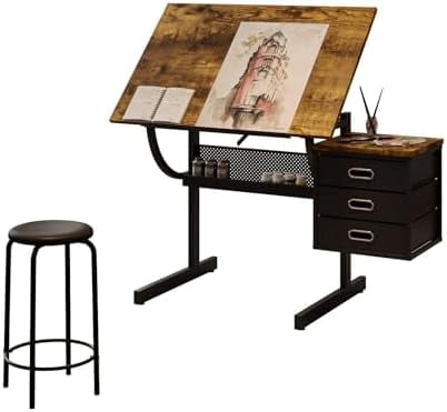 Adjustable Drafting Table with Stool and Storage Drawers - Industrial ...