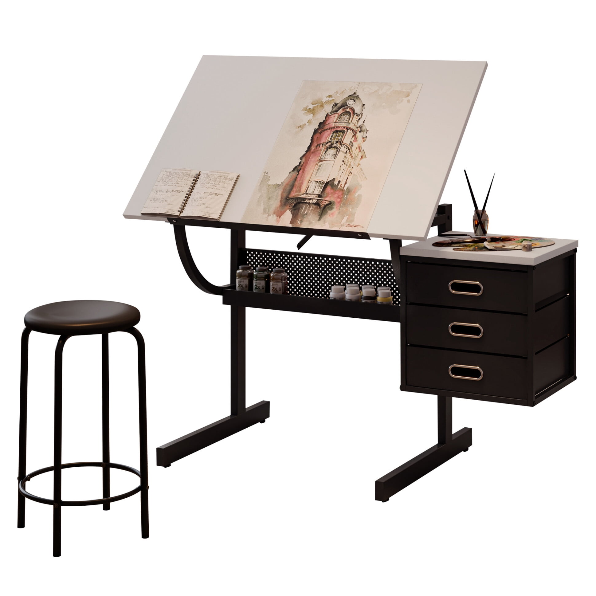 Adjustable Drafting Table with Stool, Tilting Drawing Desk Artist Table ...