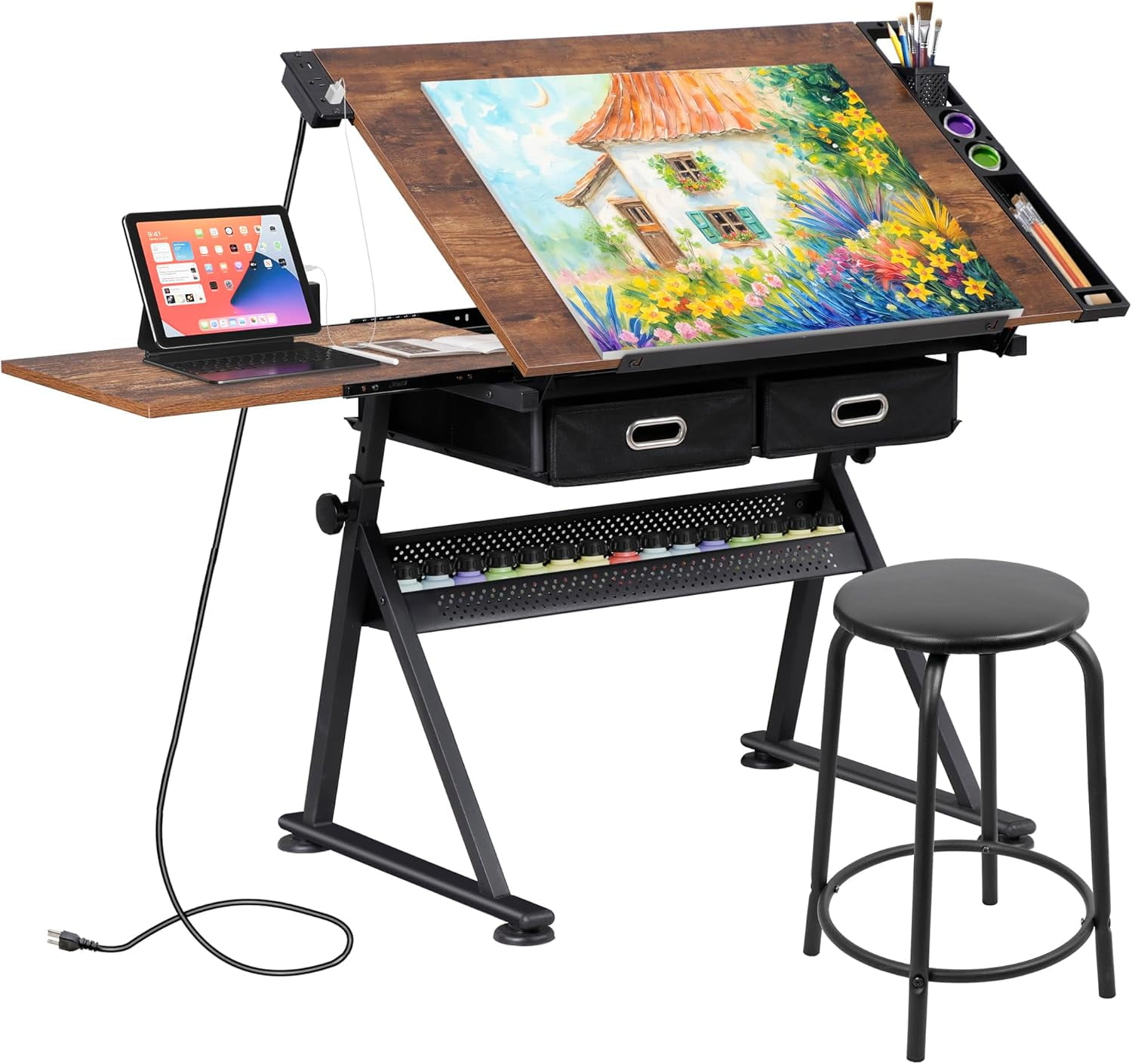 Adjustable Drafting Table with Stool, Tilting Drawing Desk Artist Table ...