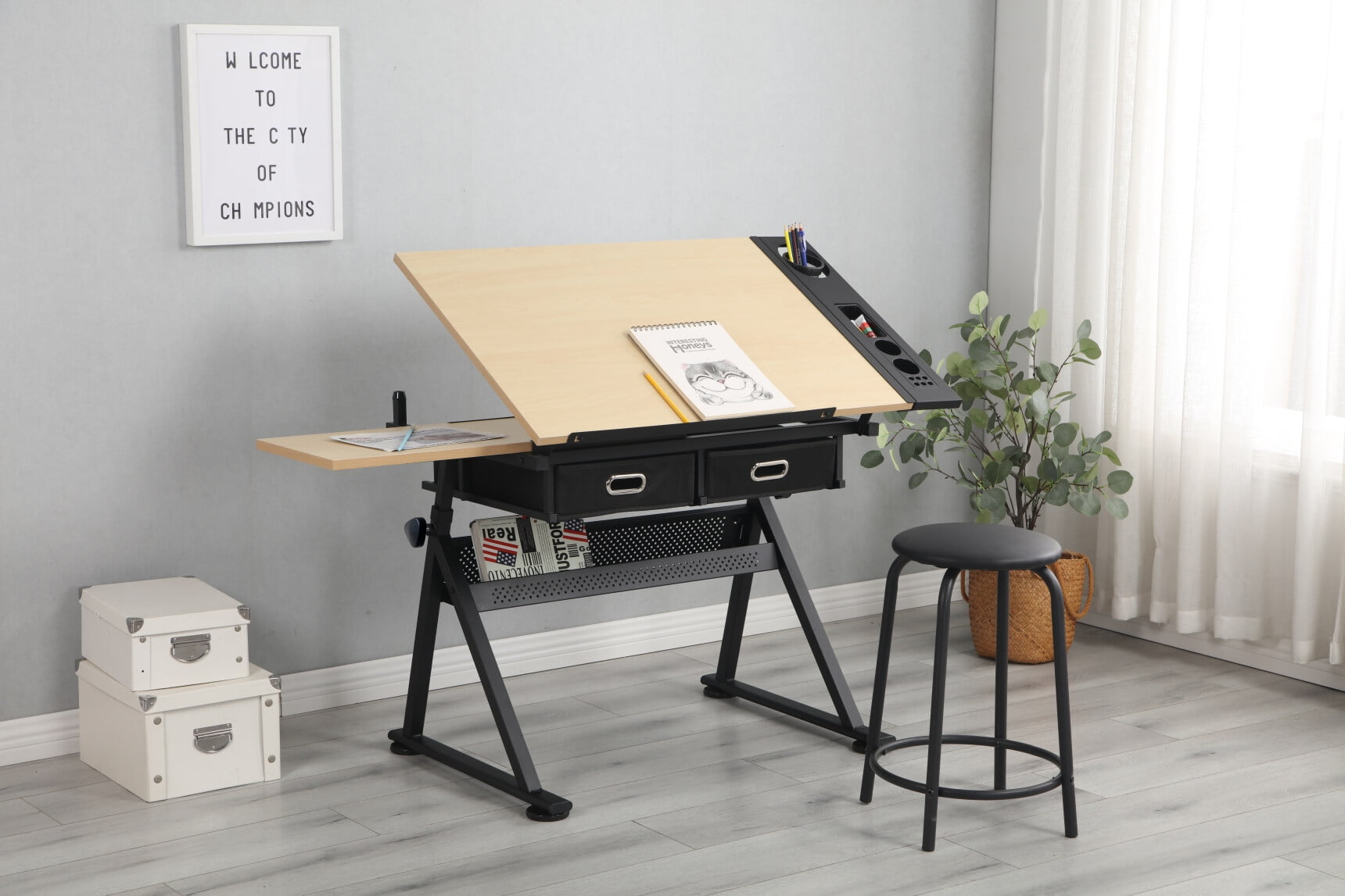Adjustable Drawing Drafting Table, Drawing Desk with 2 Drawers ...
