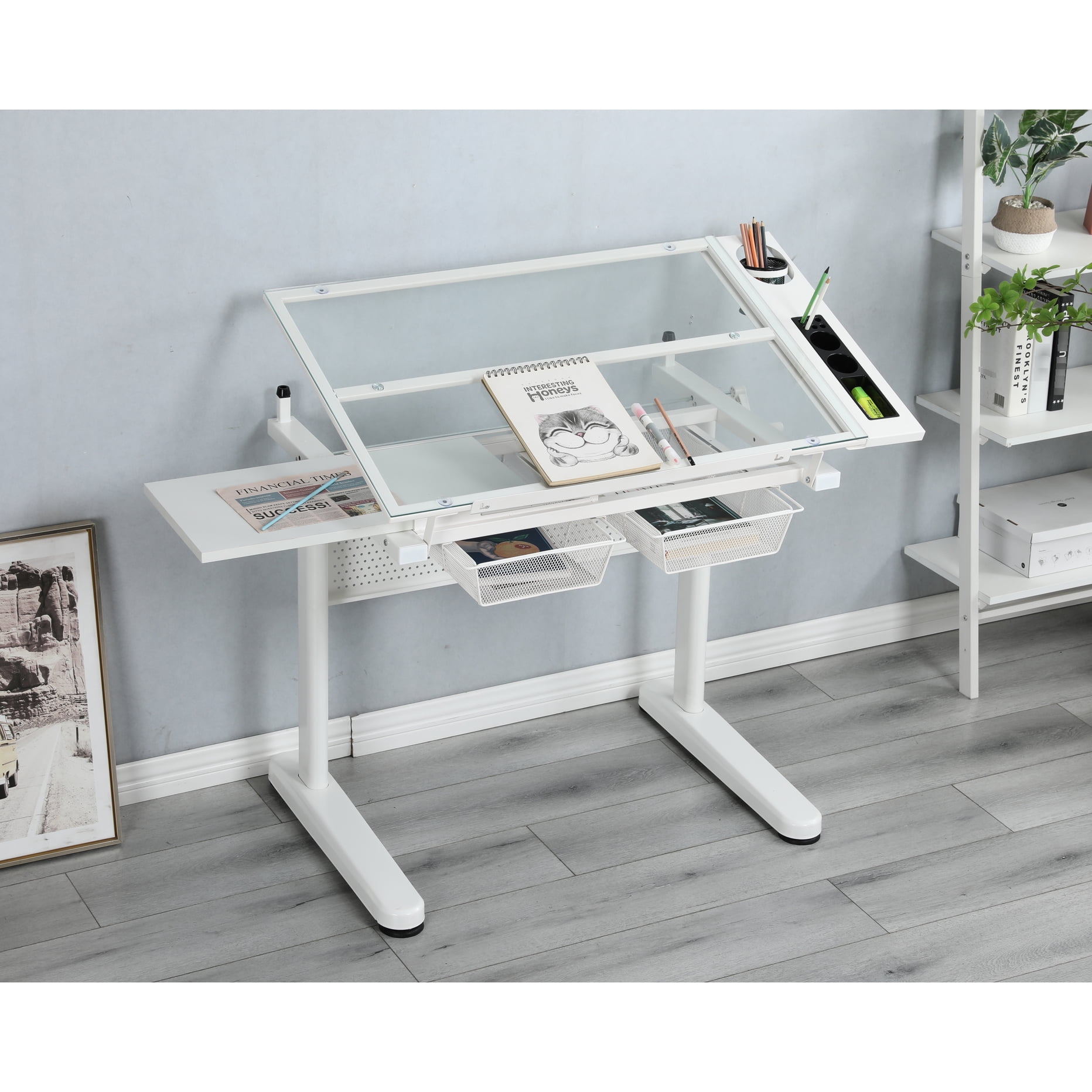 Adjustable Drawing Table With Transparent Glass And Metal Drawers ...