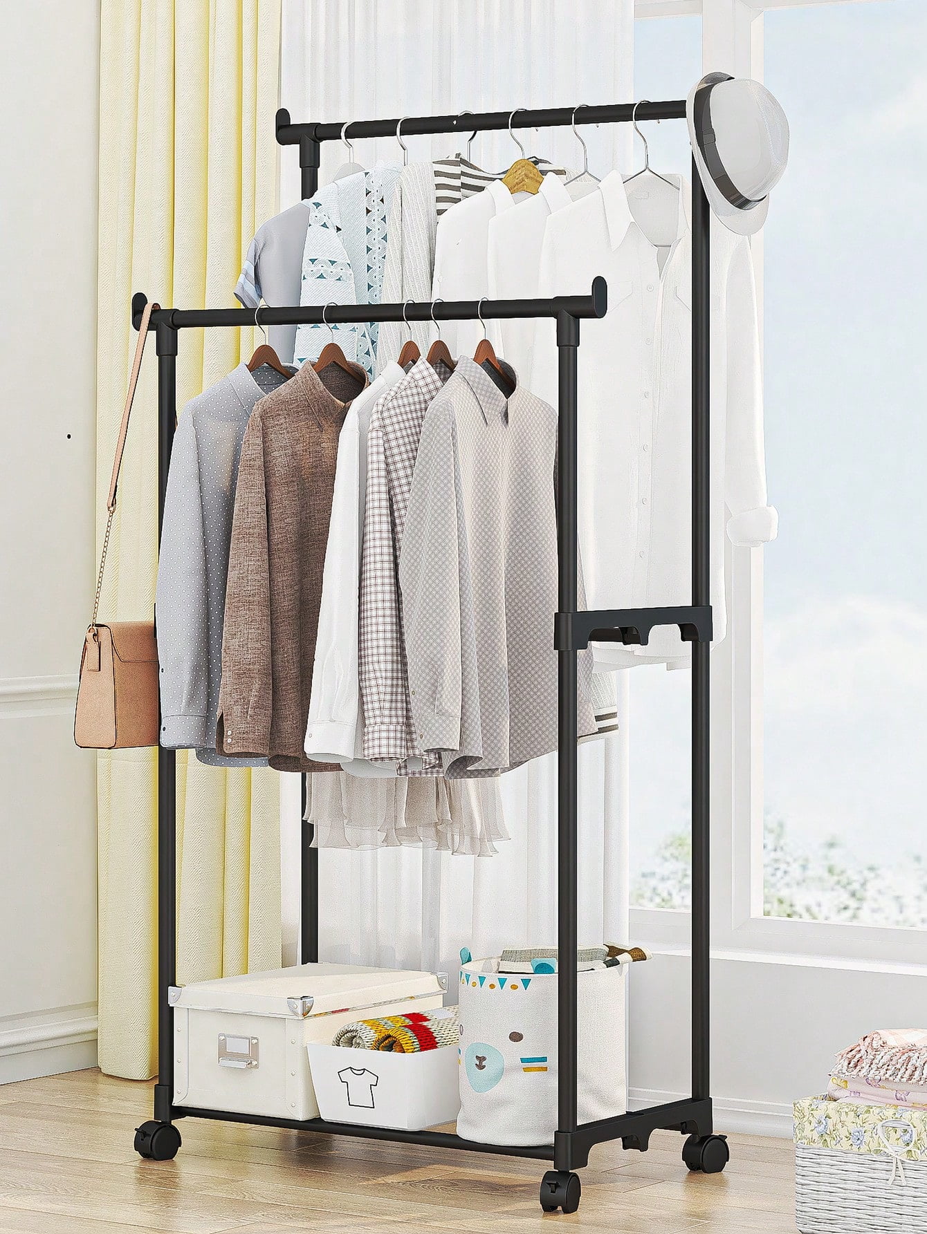 Adjustable Dual Bar Garment Rack With Wheels - Sturdy Steel ...