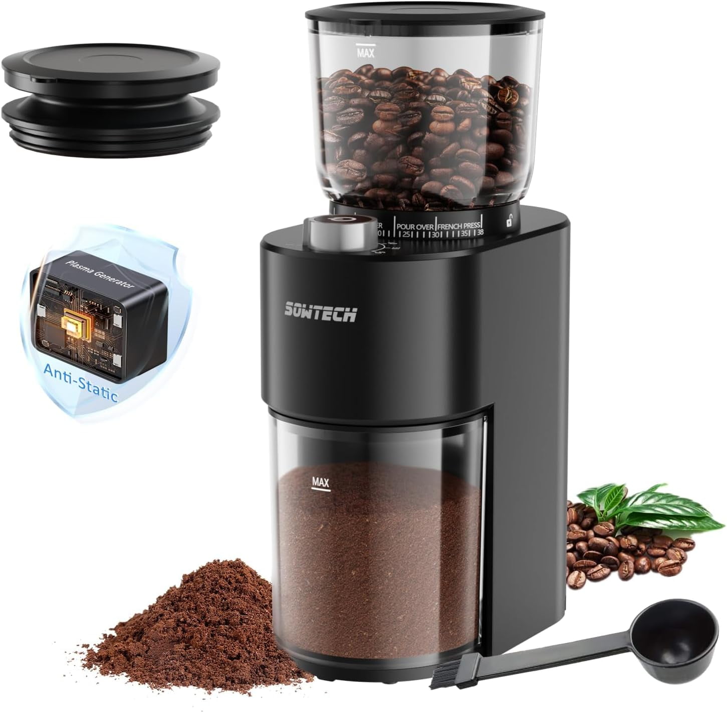 Adjustable Electric Coffee Grinder with Anti-static Conical Burr, 38 Precise Grind Settings ...