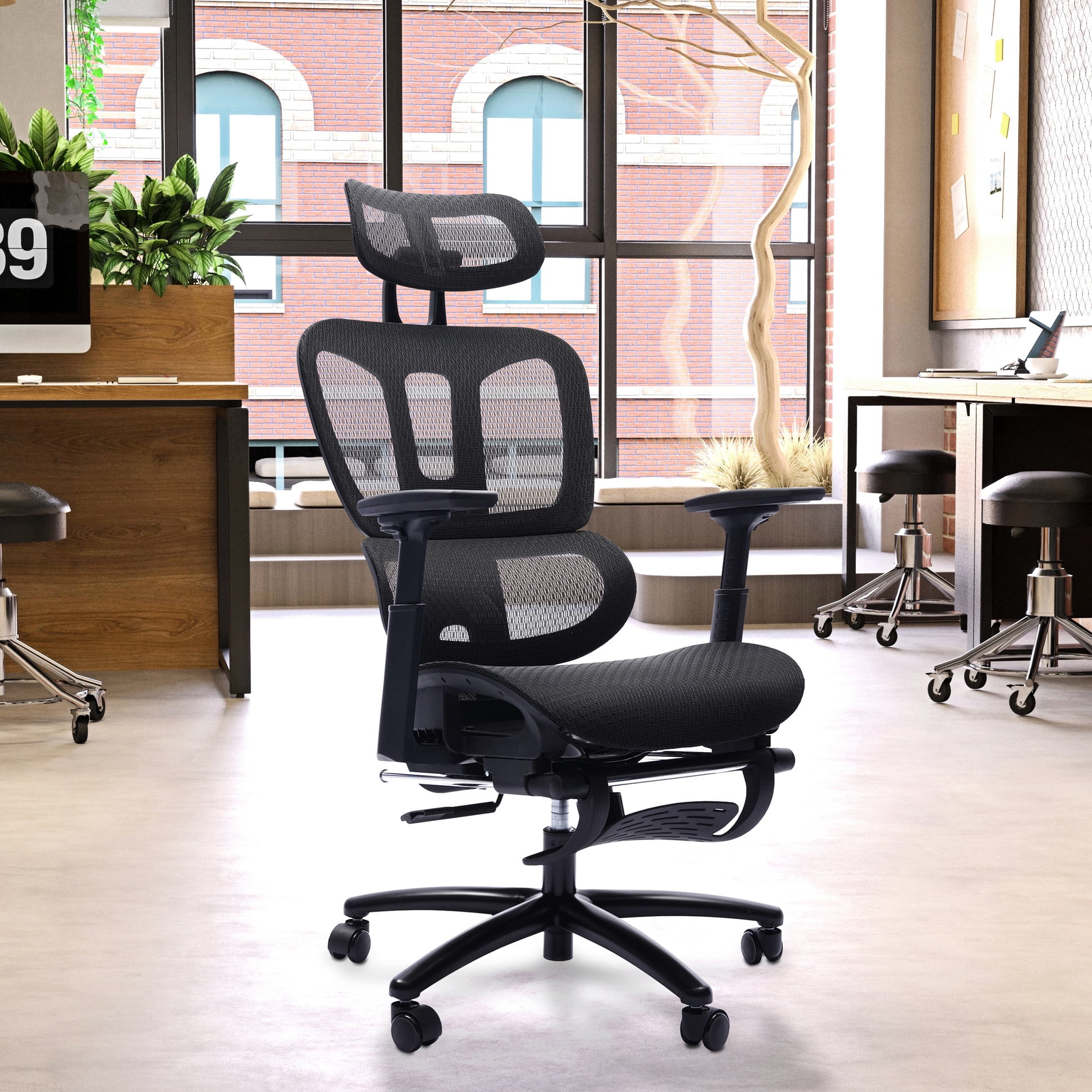 Adjustable Ergonomic Chair For Computer Desk, Black Mesh With Footrest ...