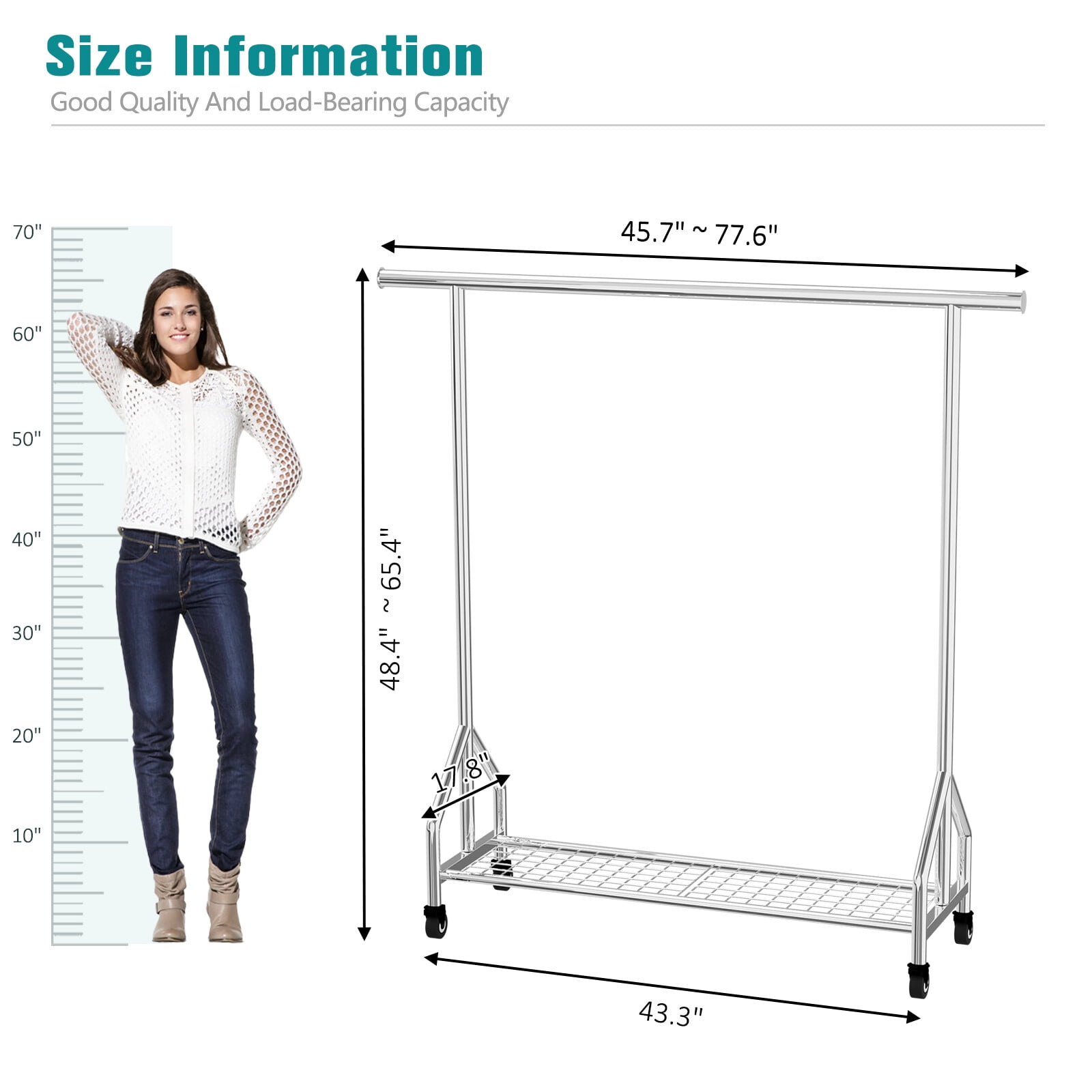 Adjustable Extendable Clothes Rack Stand With Sturdy Wheels And Shelf ...
