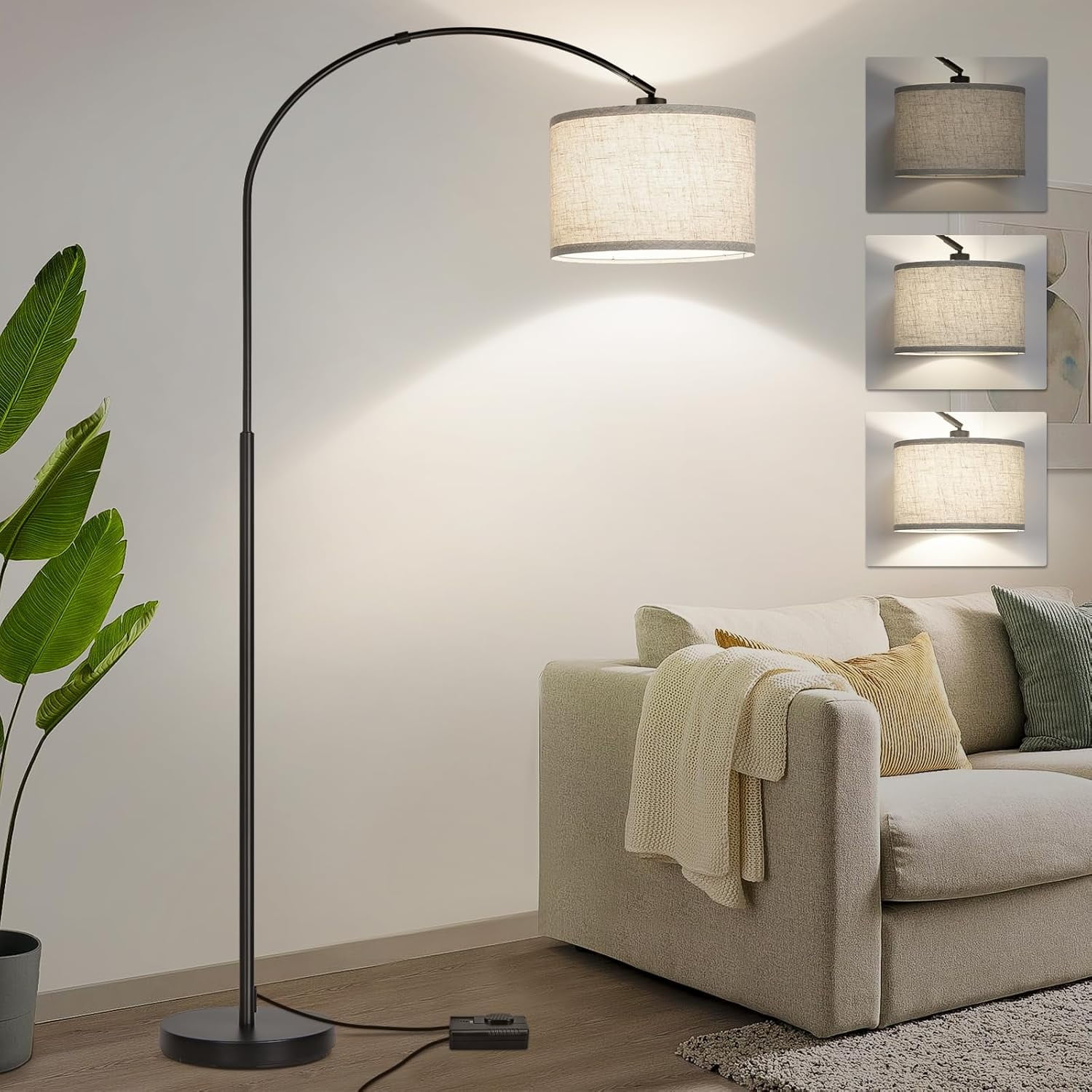 Adjustable Floor Lamp with Dimmer, Black Arc Lamp with Hanging Shade ...