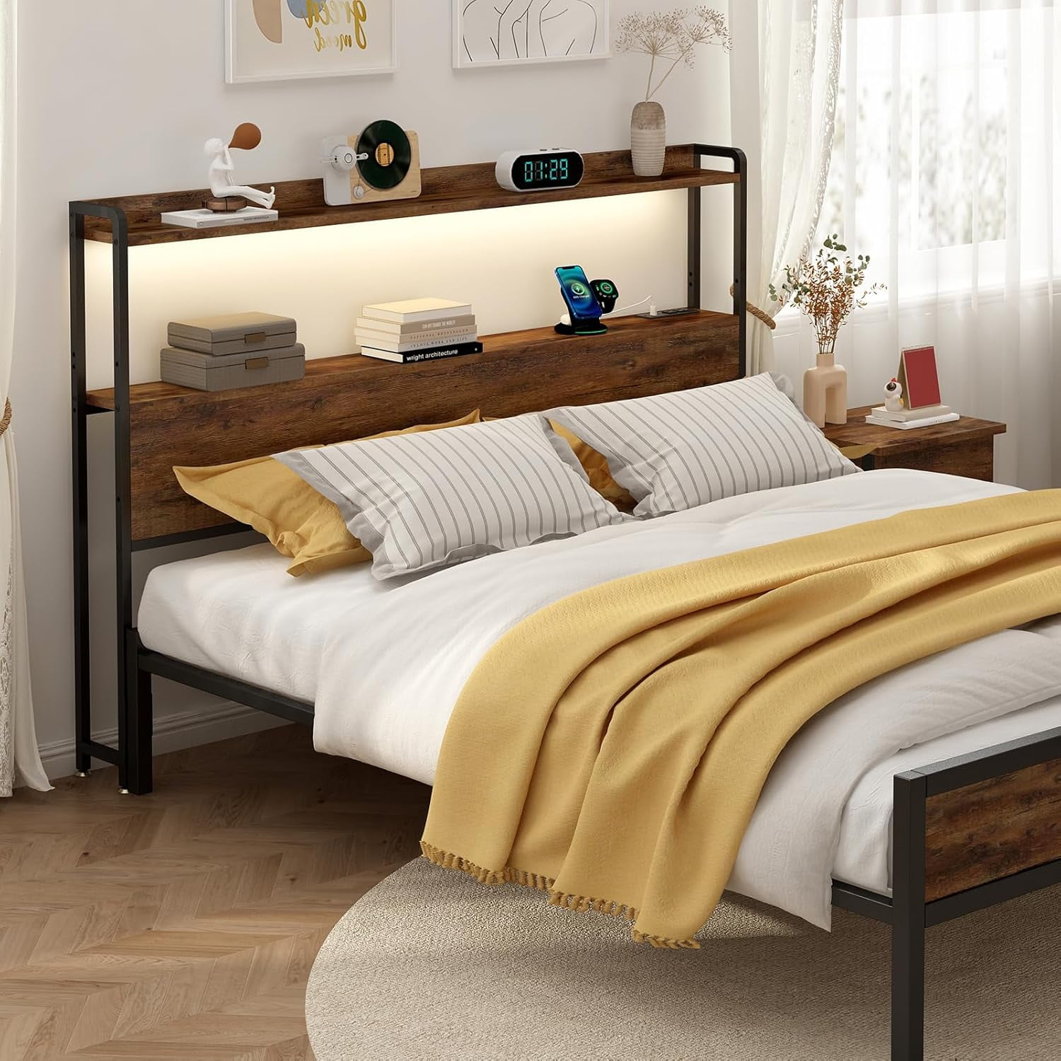 Adjustable Full Size Headboard with Outlets, USB Ports,Type-C,LED ...