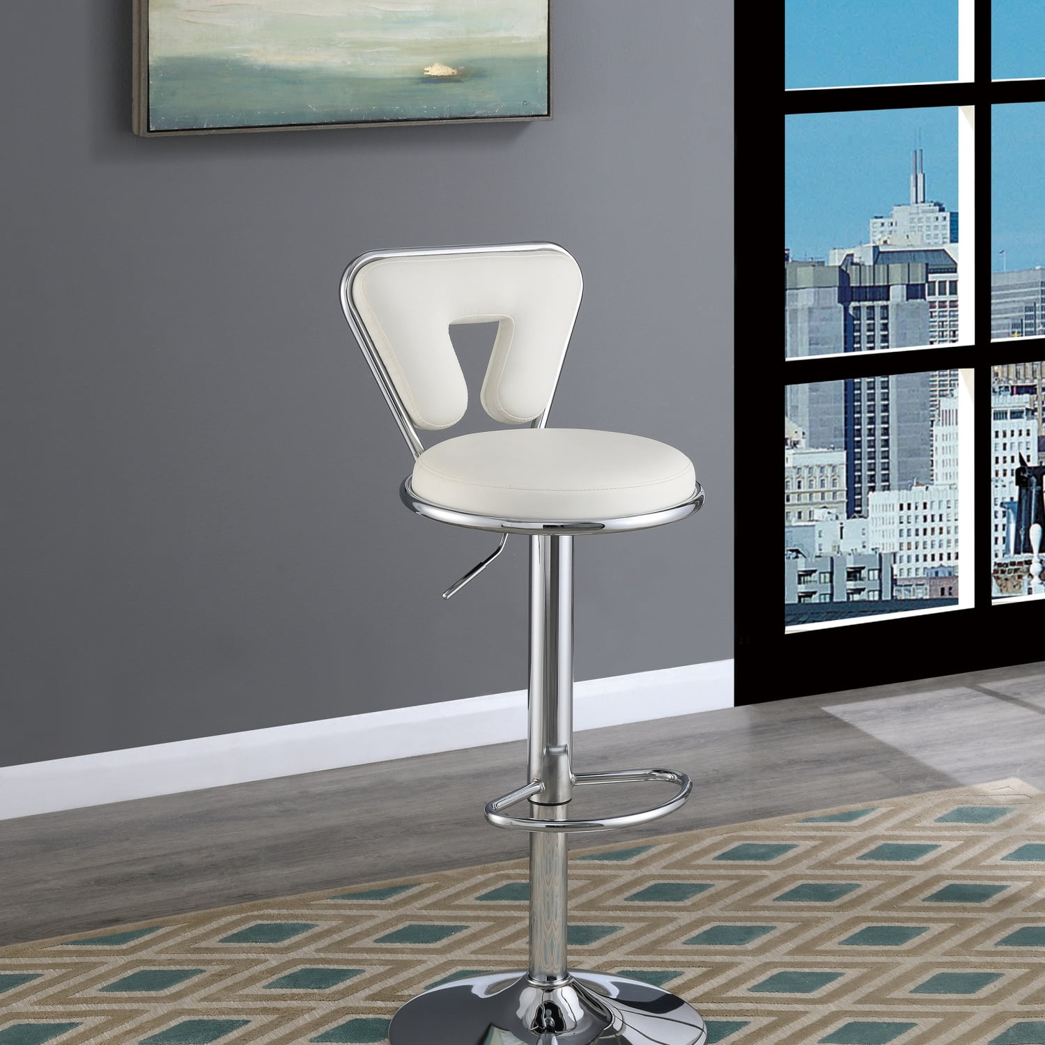 Adjustable Gas Lift Stool Chairs White Faux Leather Chrome Base Metal ...