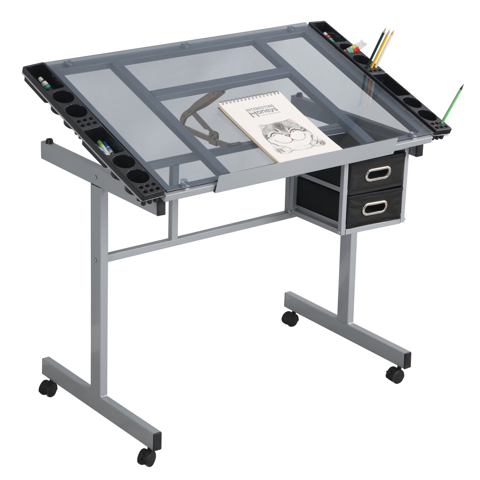 Adjustable Glass Drafting Desk,0-70° Tilt Art Table with 2 Fabric ...