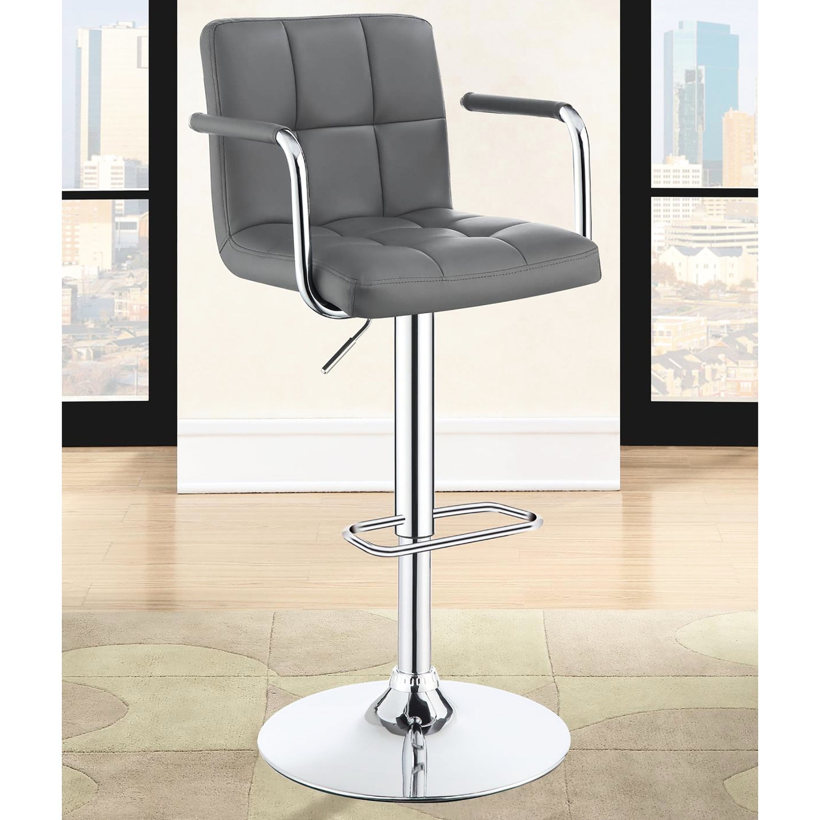 Adjustable Grey Bar Stool with Chrome Accents | Soft Foam Filling, Easy ...