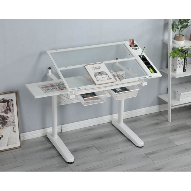 Adjustable Hand Crank Drafting Table Metal Drawers & Stool Tiltable ...