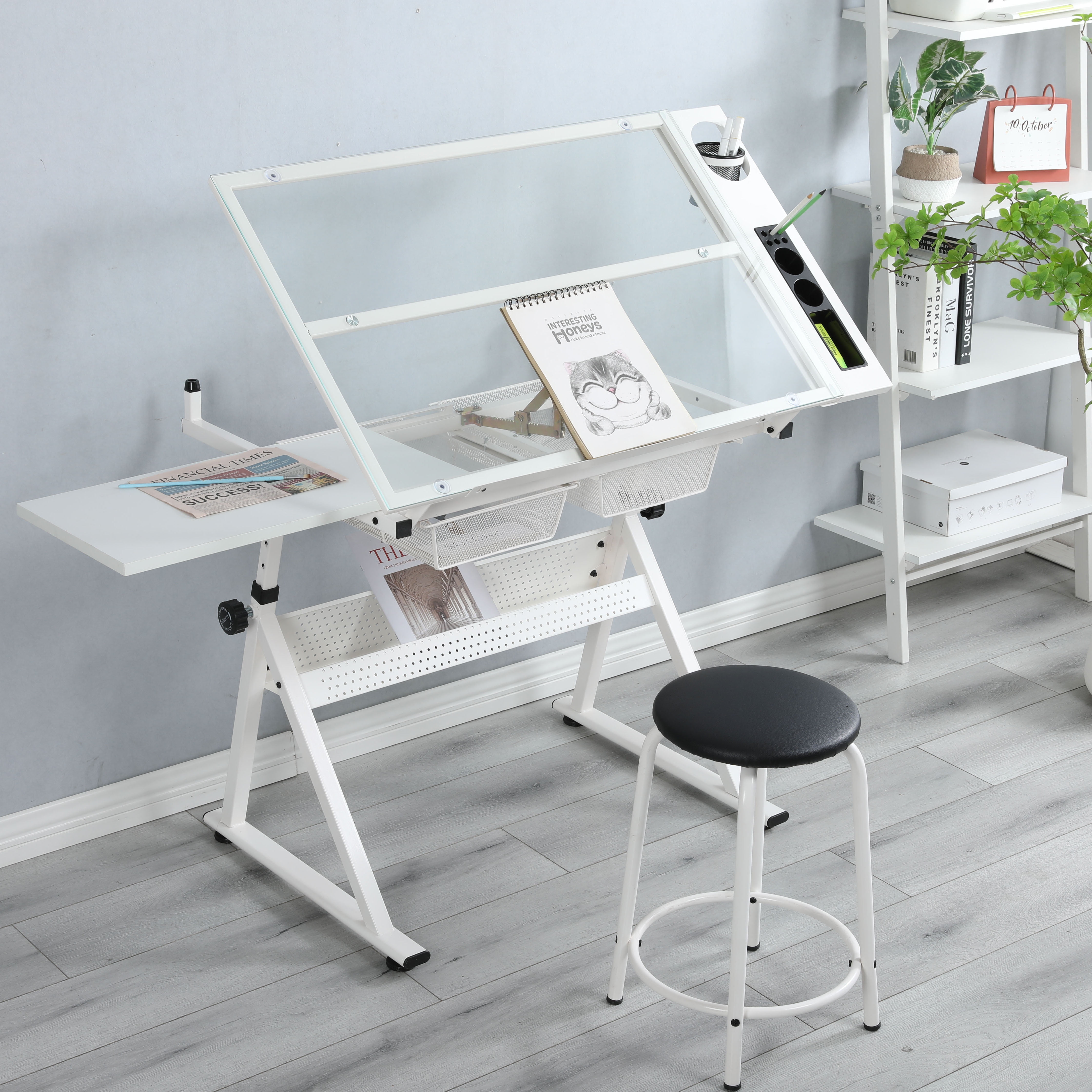 Adjustable Hand Crank Drafting Table Transparent Glass Top Height ...