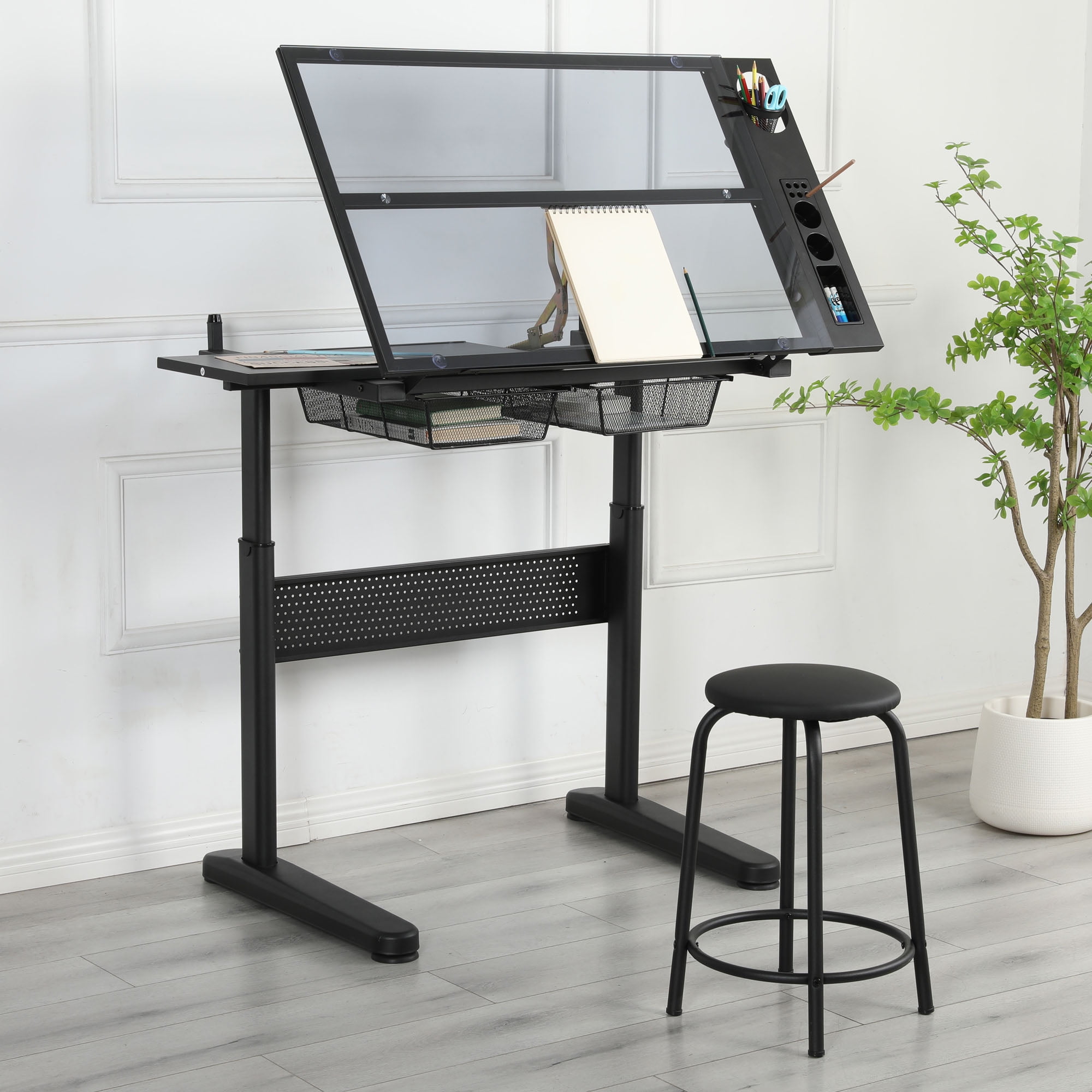 Adjustable Hand Crank White 38.18"x23.60" Drafting Table Drawing Desk ...