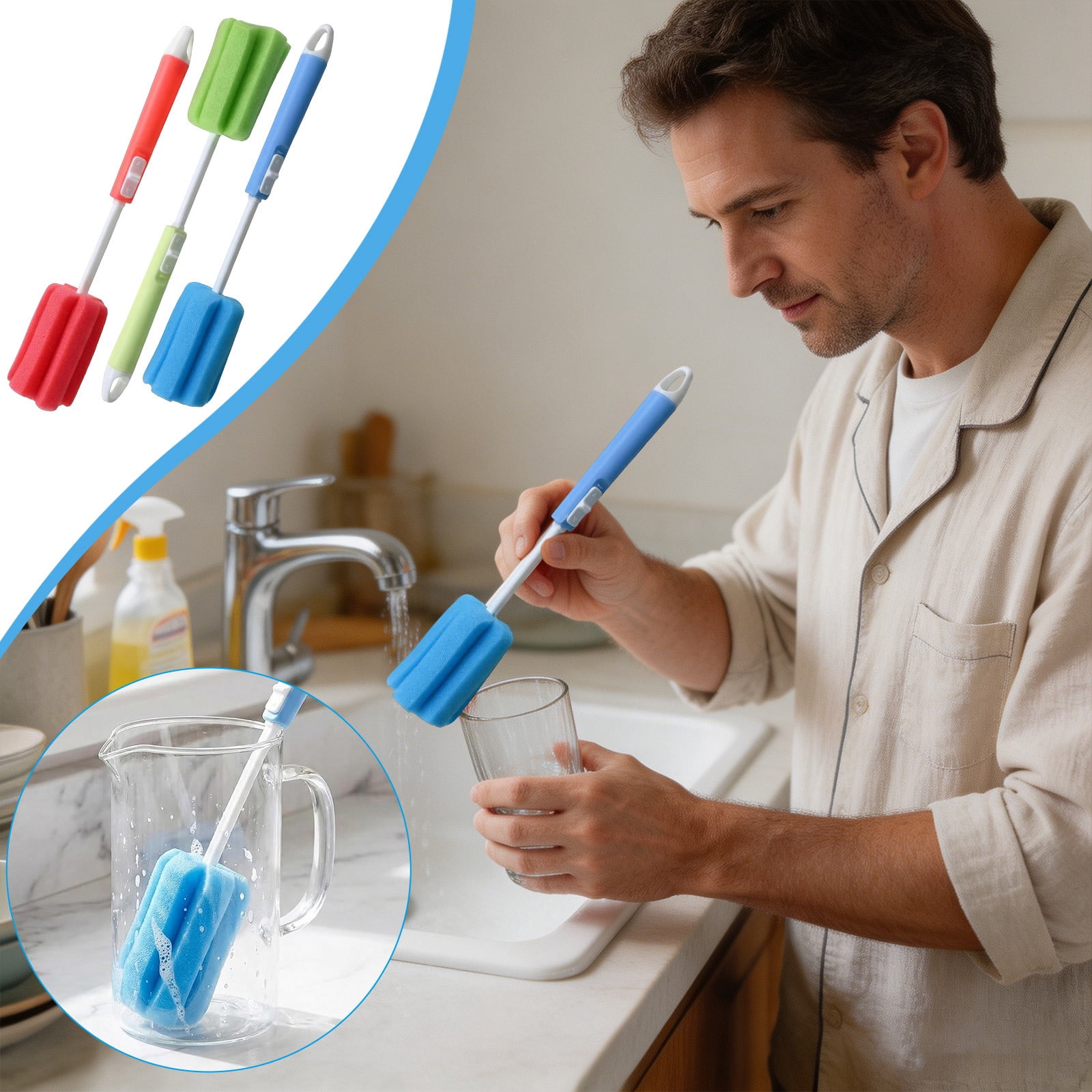 Adjustable Handle Bottle Brush Cleaner Soft Foam Dishwashing Wand for ...