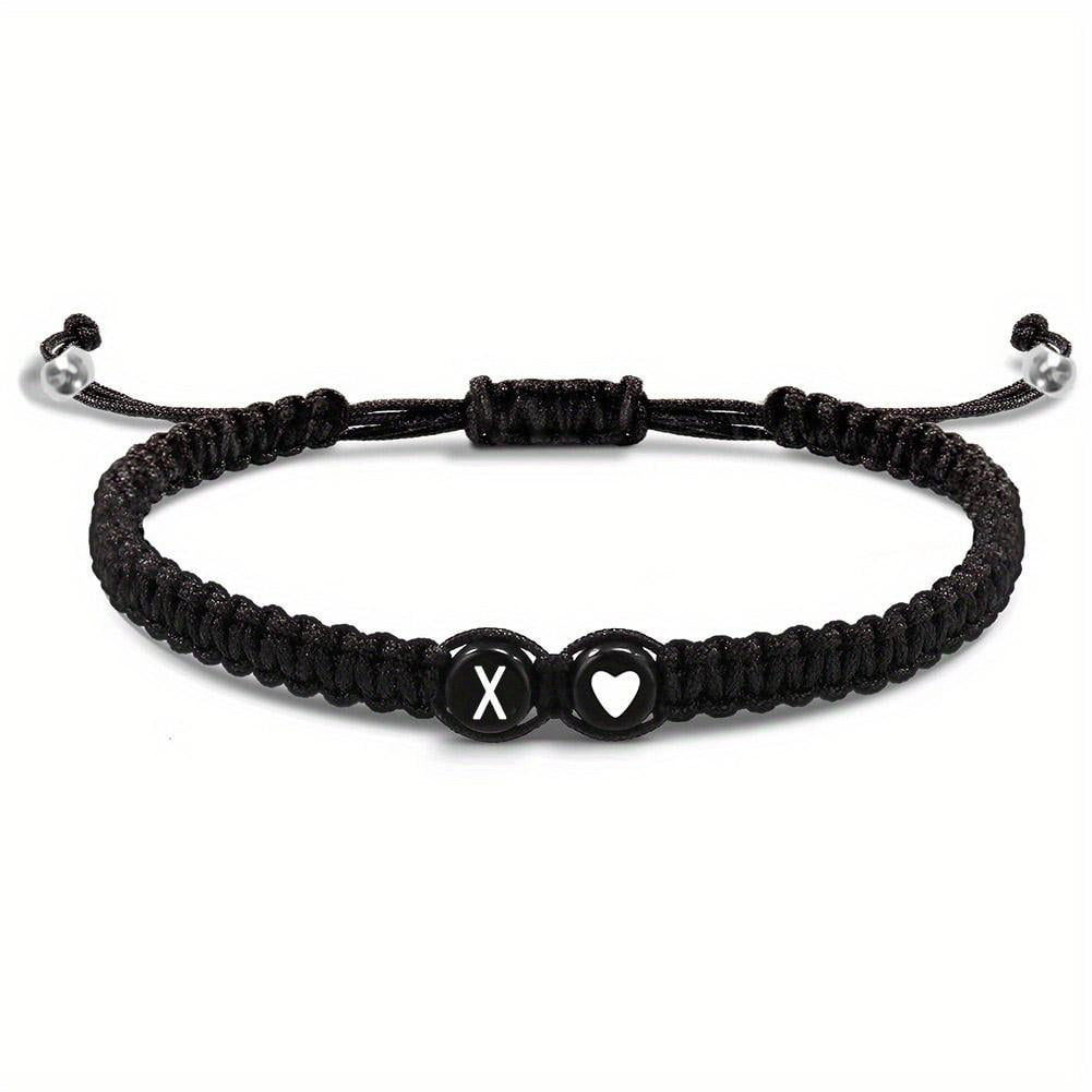 Adjustable Handmade Black Wax Rope Bracelet with 26 Initial Letters A-Z ...