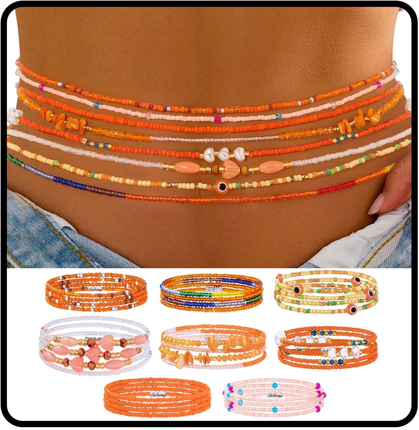 Adjustable Handmade Waist Beads Stretchy 23-52 inch 8Pcs Chakra Yoga ...