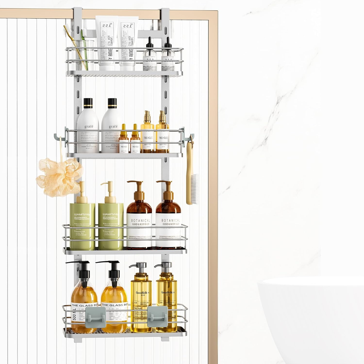Adjustable Hanging Shower Door Caddy with 4 Hooks, 4-Tier Bathroom ...