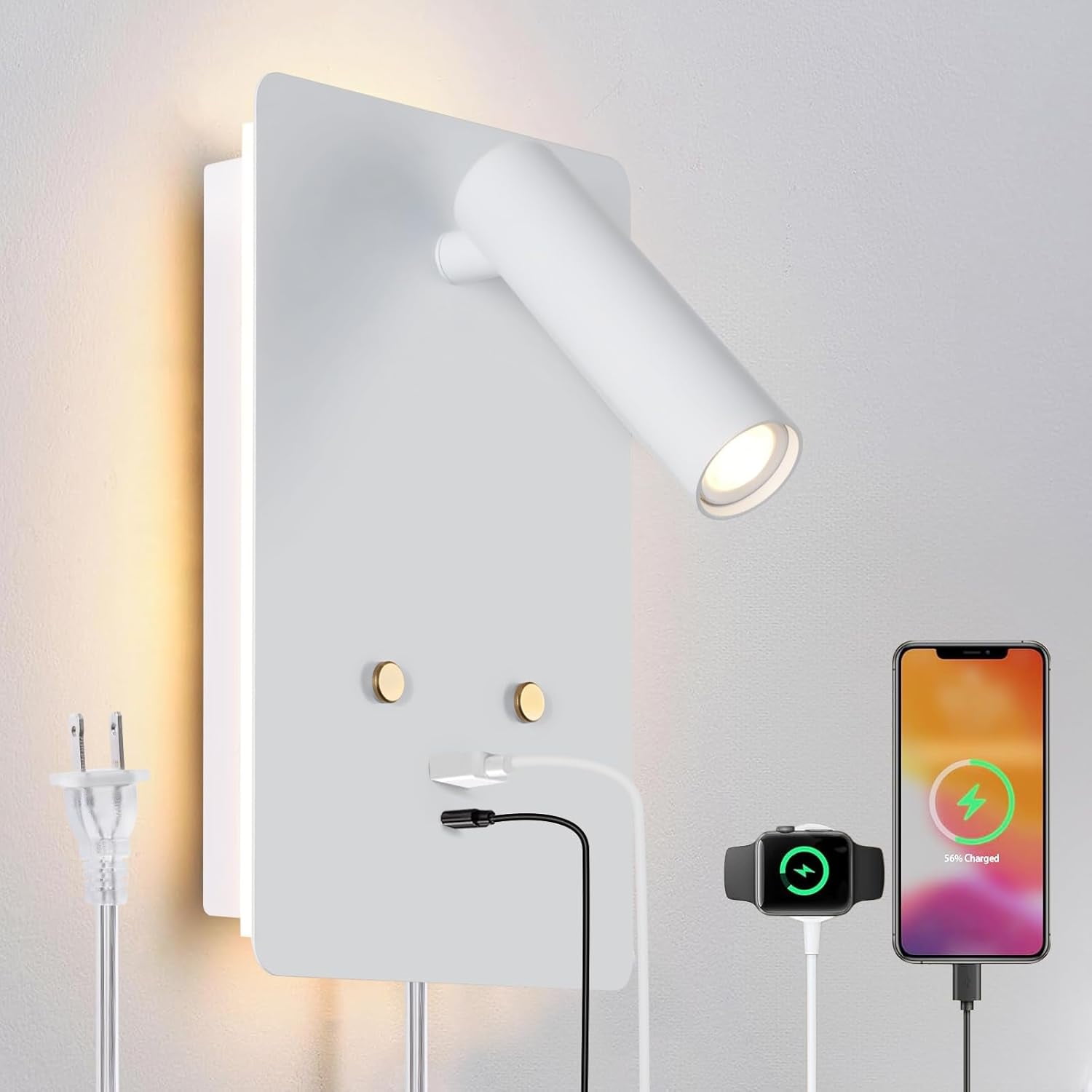 Adjustable Headboard Wall Sconce with USB C+A Ports, LED Dimmable Wall ...