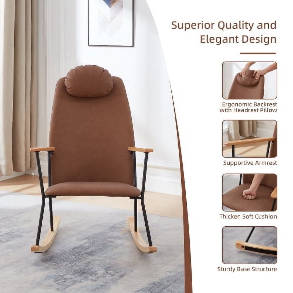 Adjustable Headrest Pillow Rocking Chair, Technical Leather Upholstered ...