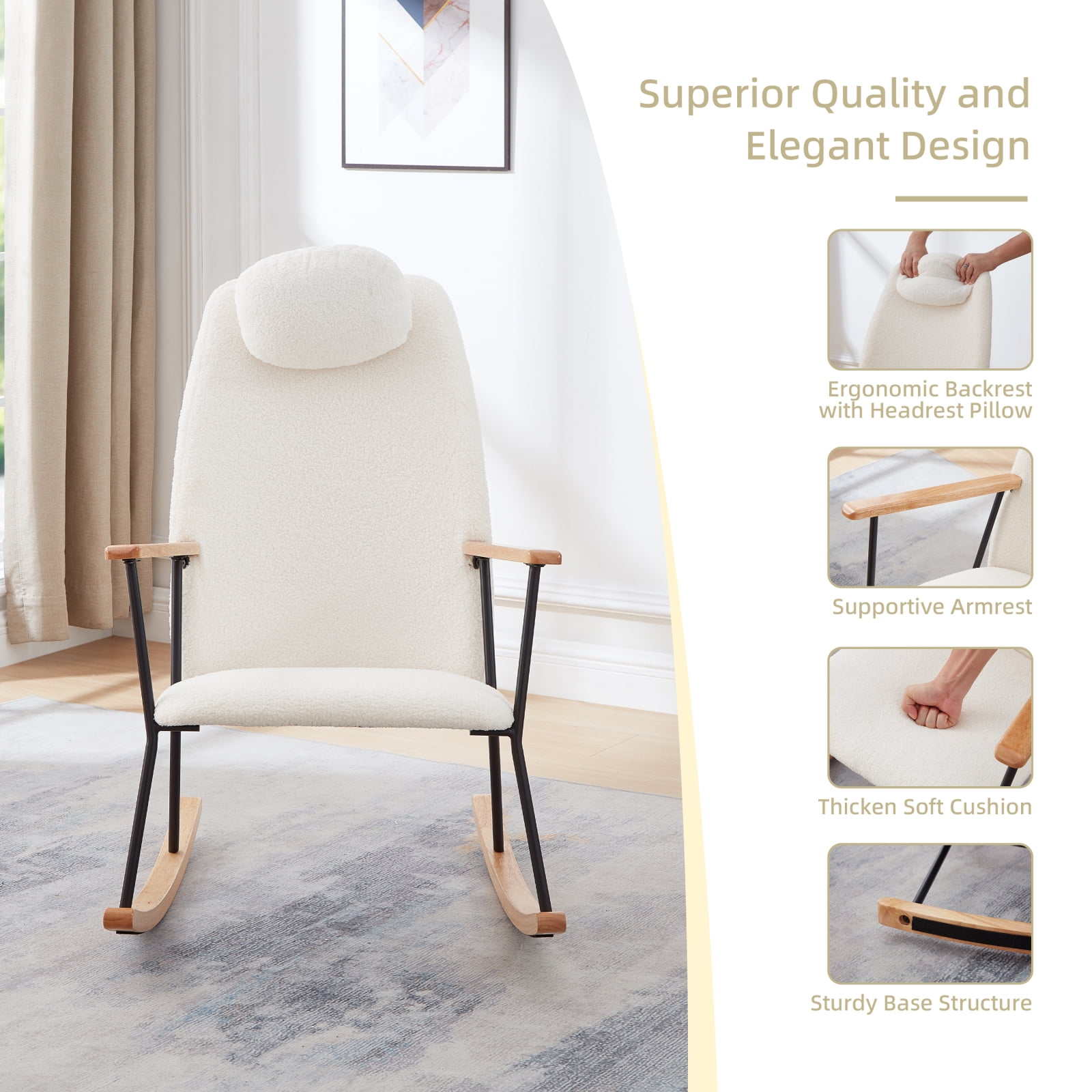 Adjustable Headrest Pillow Rocking Chair, Teddy Fabric Upholstered ...