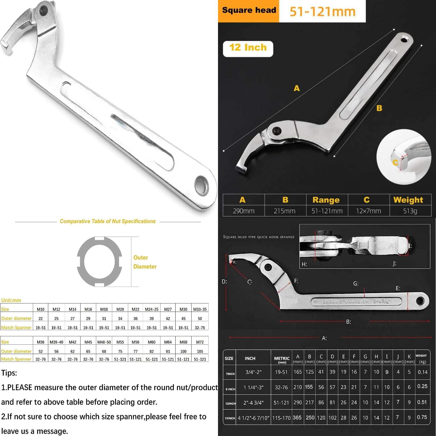 Adjustable Heavy Duty C Spanner Tool - 3/4-2”(19-51mm) with Ergonomic ...