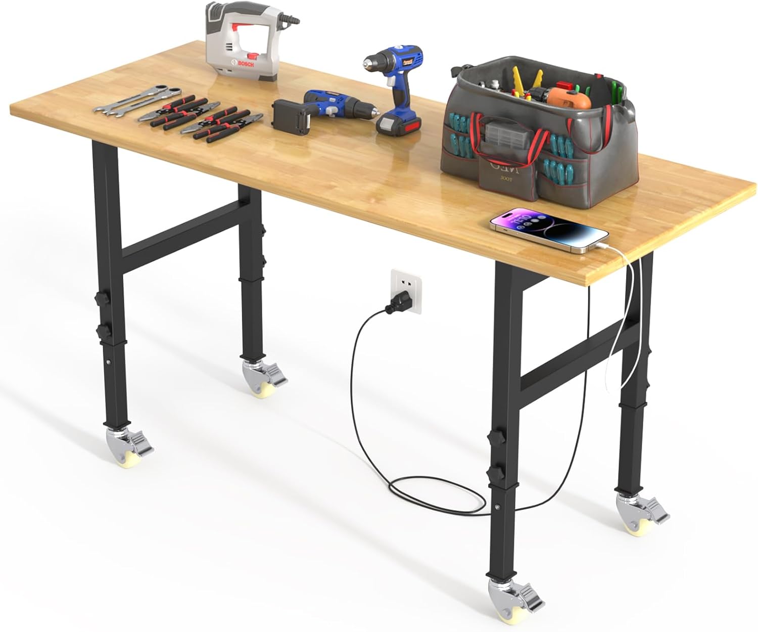 Adjustable Heavy Duty Workbench with Metal Wheels,Rubber Wood Top ...