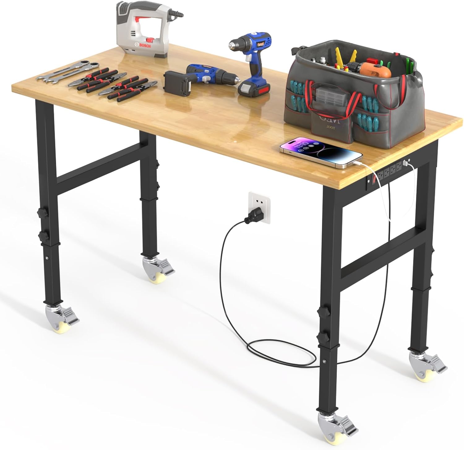 Adjustable Heavy Duty Workbench with Wheels,Rubber Wood Top Working ...
