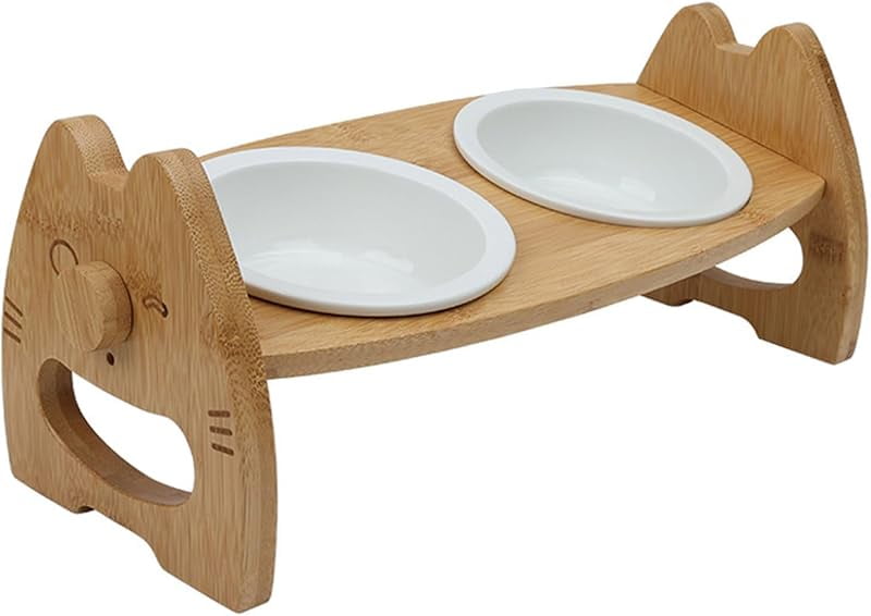 Adjustable Height Bamboo Pet Feeder Stand Raised Food & Water Bowls for ...