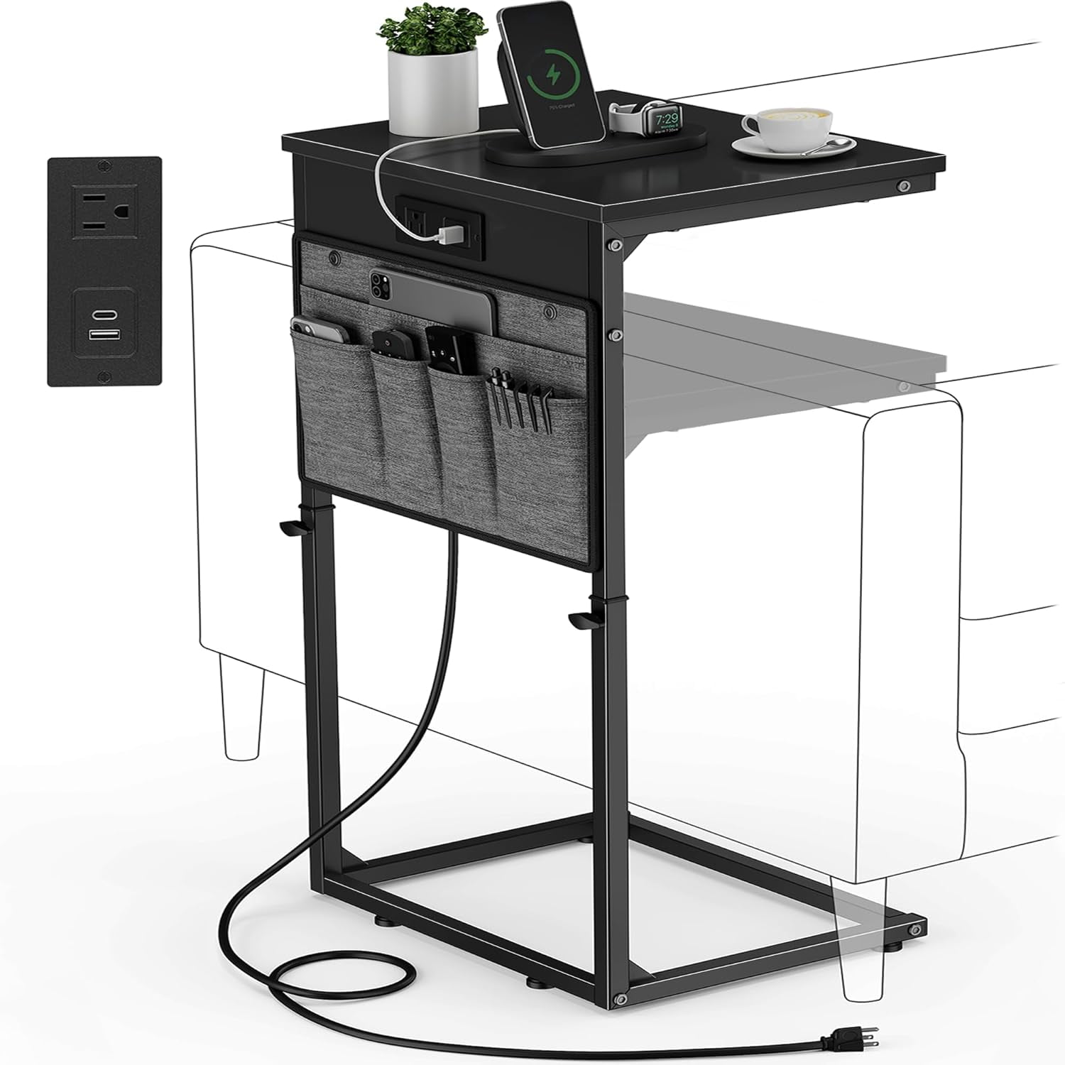 Adjustable Height Black End Table with Charging Station | Slide-Under ...