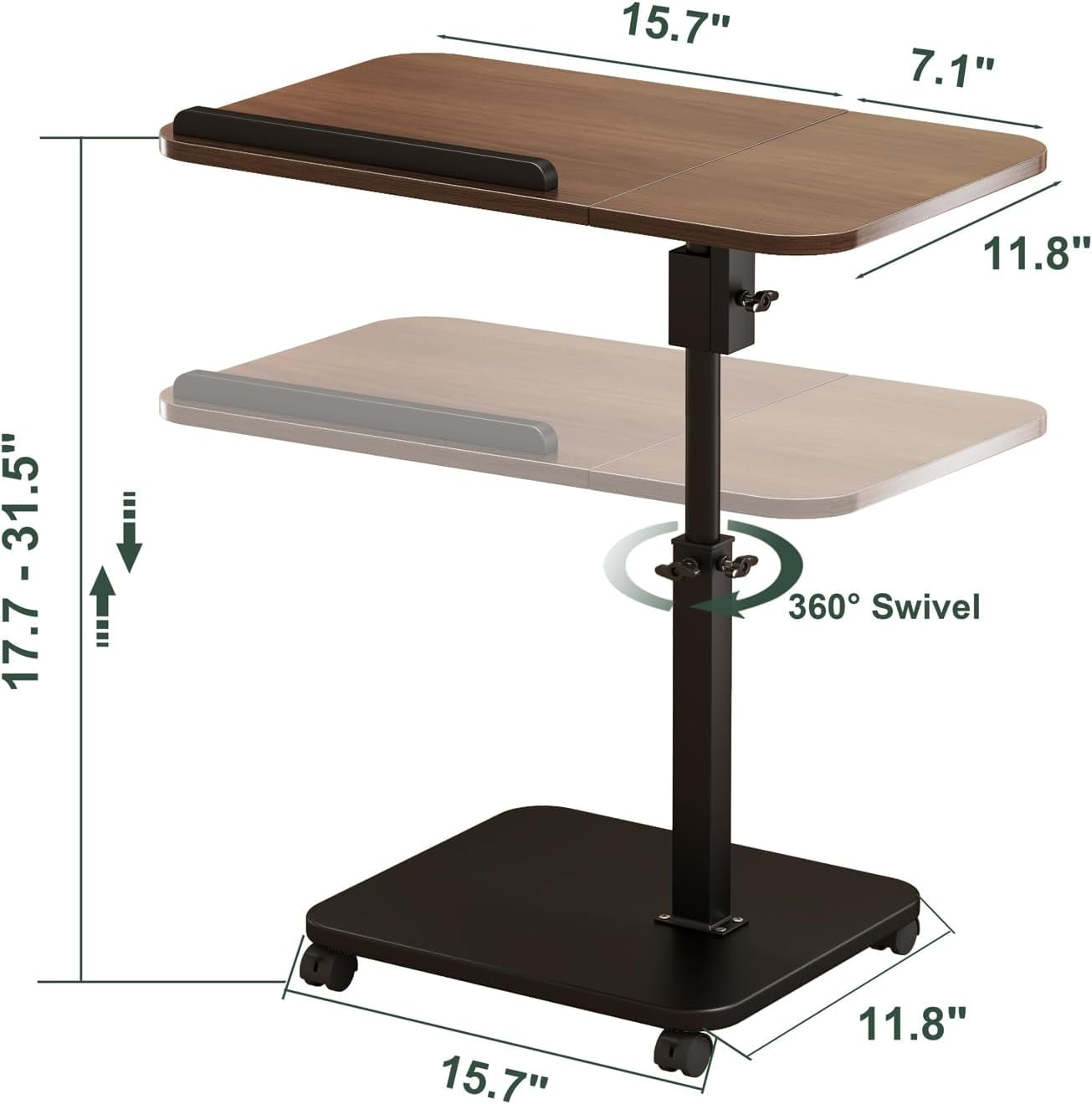 Adjustable Height C Shaped End Table with Wheels,360 ° Swivel Side ...