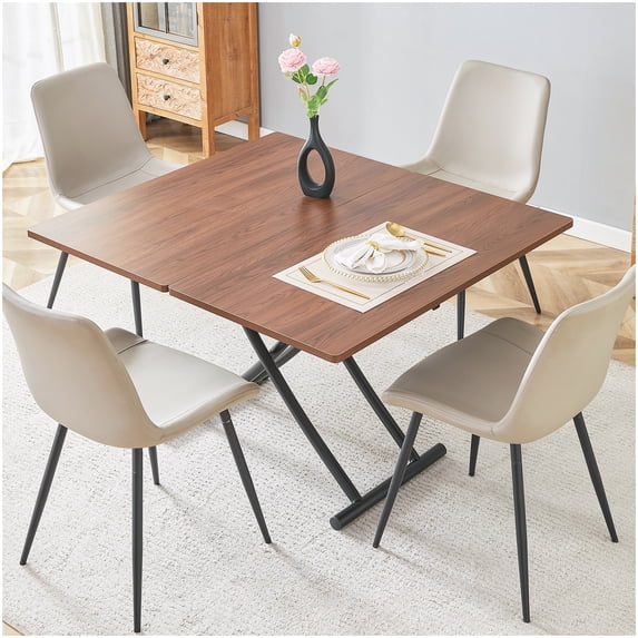 Adjustable Height Dining Table Set for 4, Modern Walnut Desk with Gray ...
