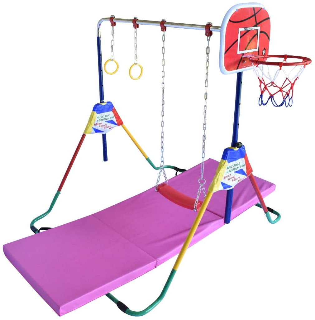 6-in-1 Indoor Jungle Gym: Adjustable Gymnastics Bar, Tumble Mat, Swing ...