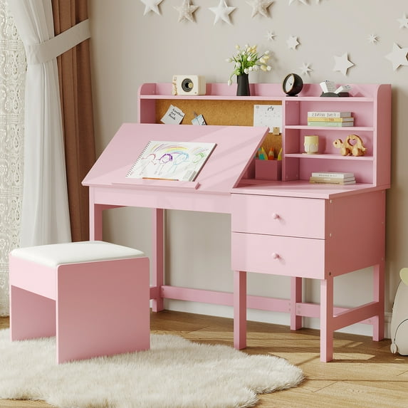 Adjustable Height Kids Desk and Chair Set – Tiltable Desktop, Hutch ...