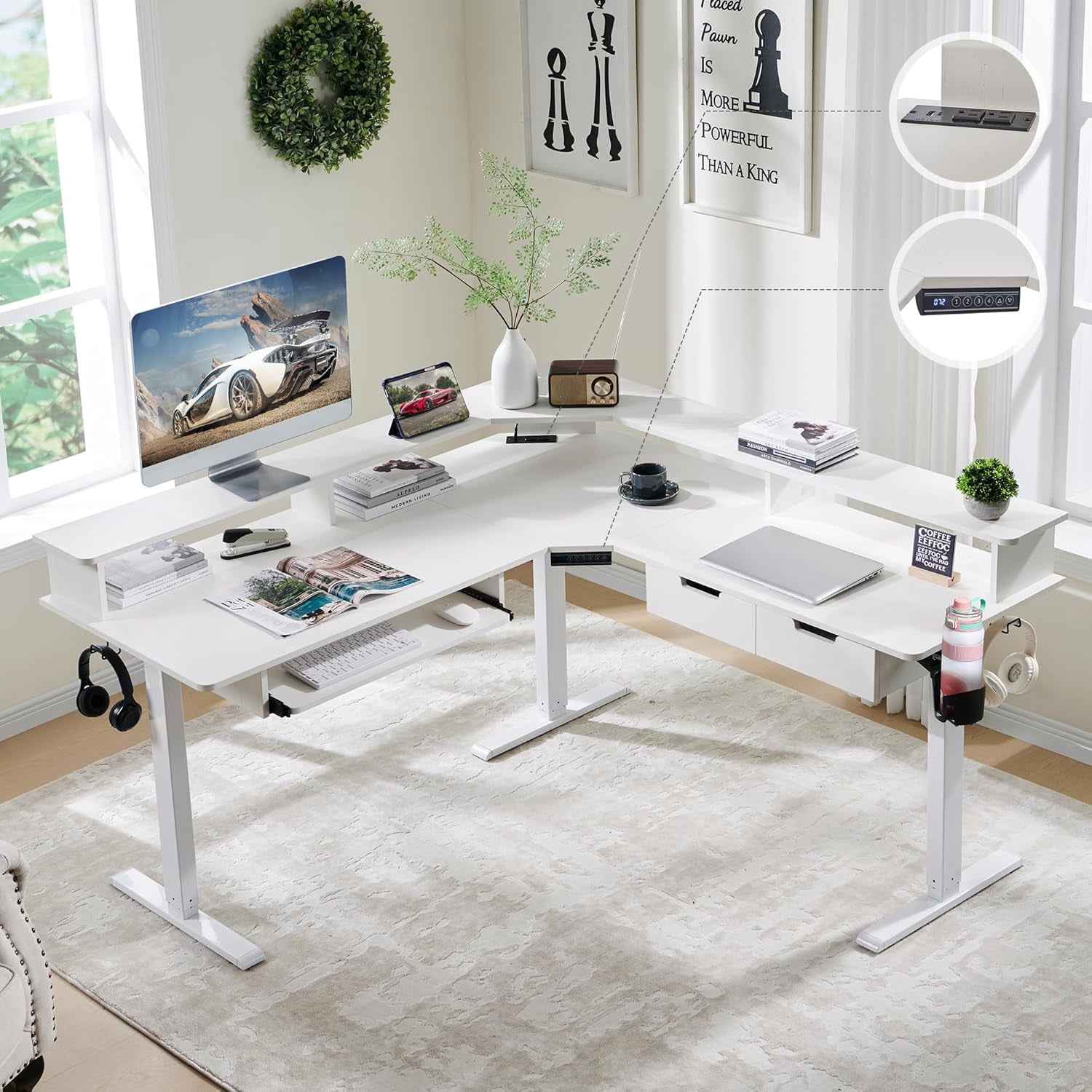 Adjustable Height L-Shaped Gaming Desk with Drawers & Keyboard Tray ...