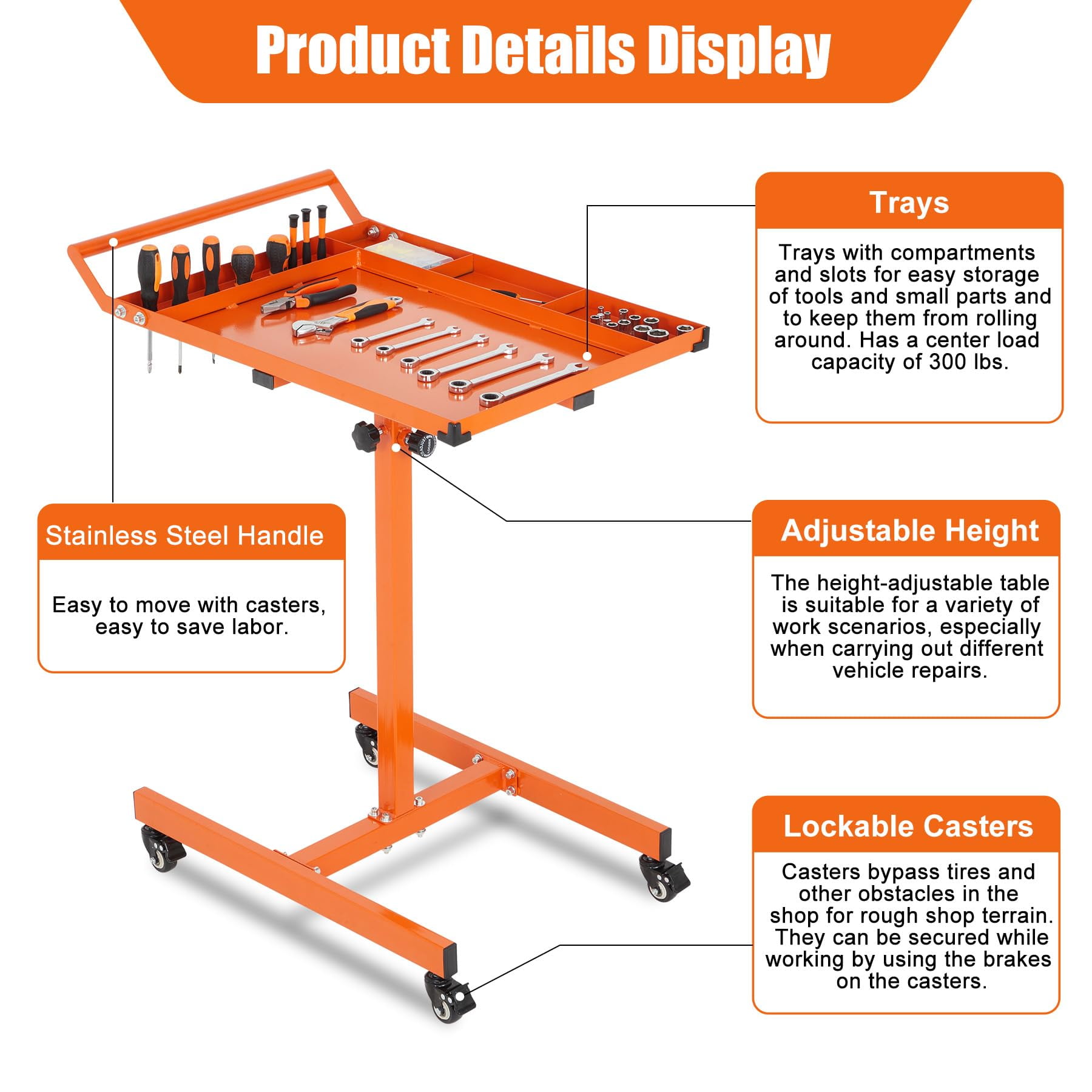 Adjustable Height Mobile Work Table - Heavy Duty Steel Workbench - 300 lbs Capacity - Lockable ...
