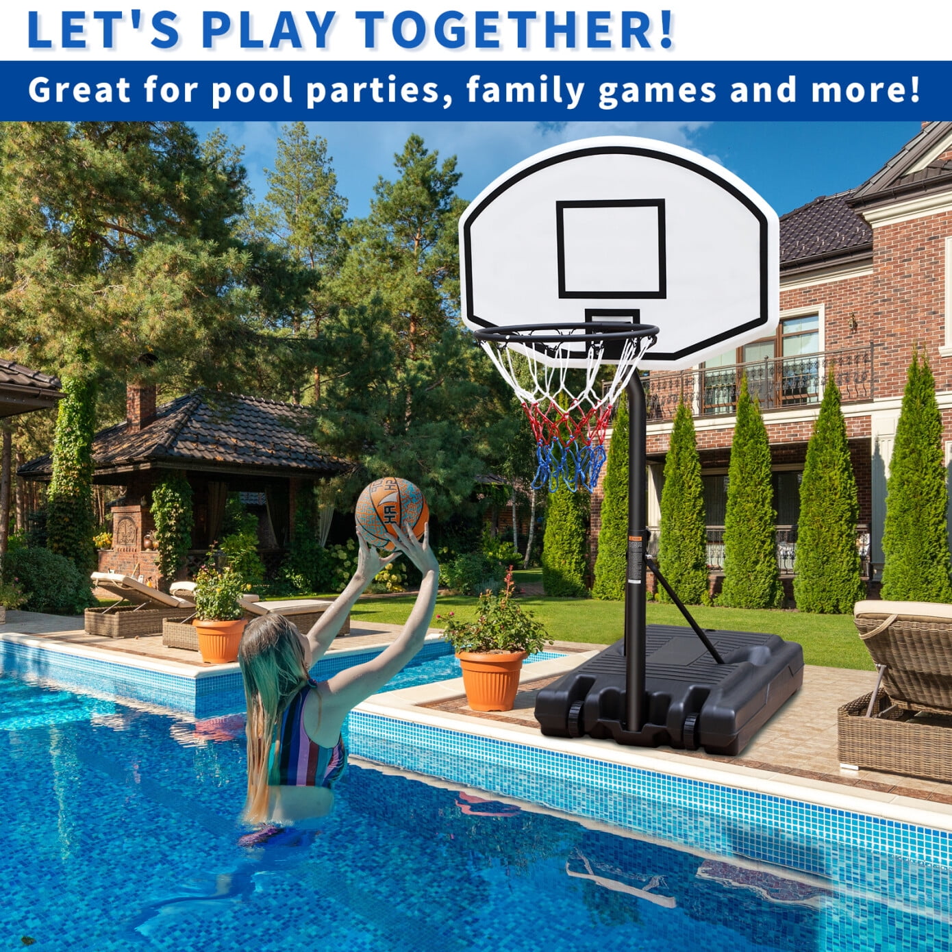 Adjustable Height Portable Pool Basketball Hoop System for Kids with ...