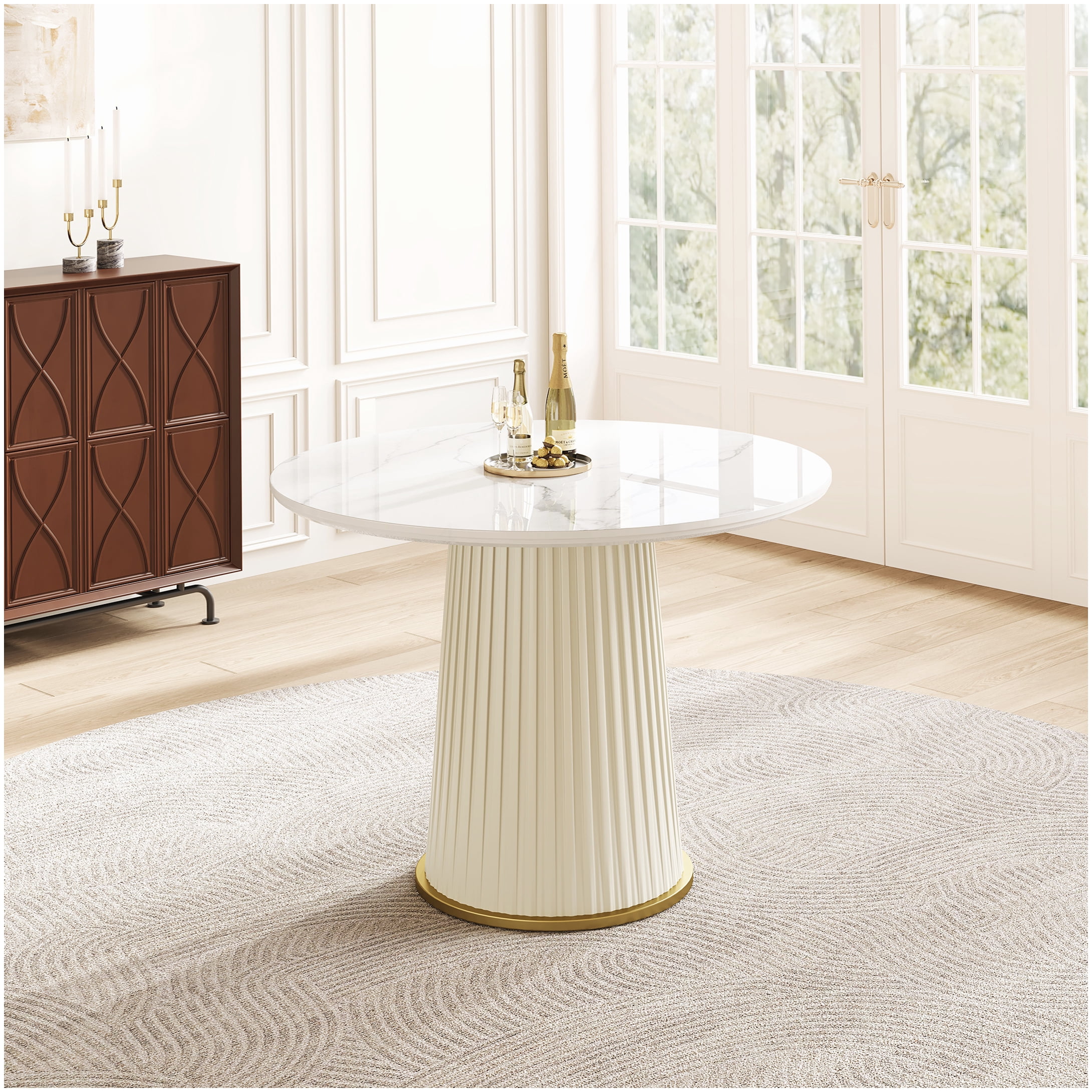 Adjustable Height Round Table, White Glossy Sintered Stone with Leather ...