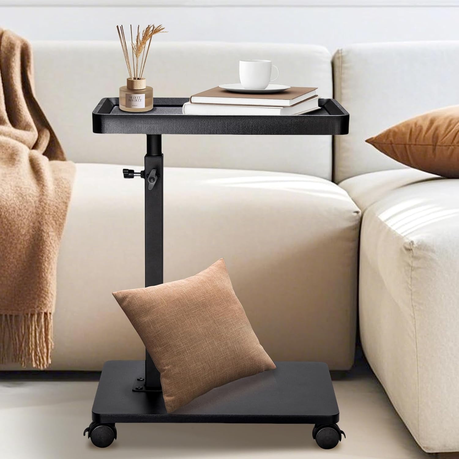 Adjustable Height Side Table with Universal Wheels, Durable MDF Top and ...