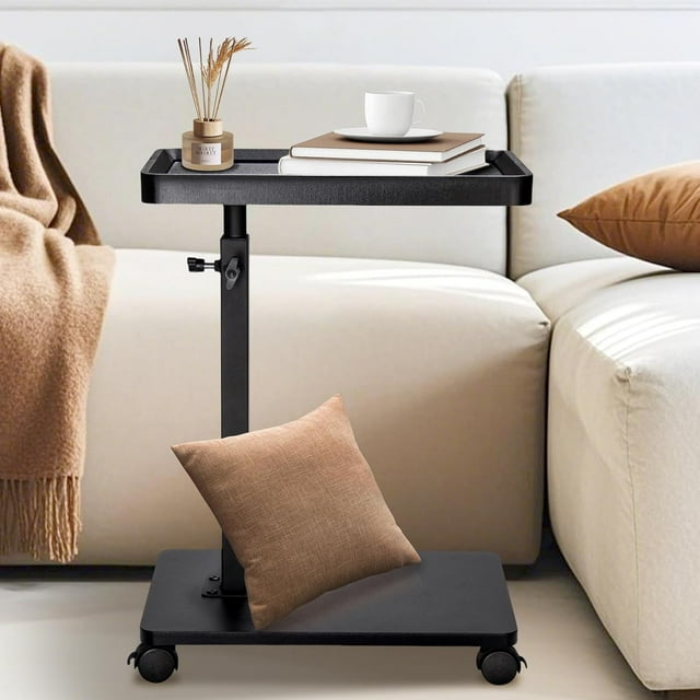 Adjustable Height Side Table with Universal Wheels, Durable MDF Top and ...