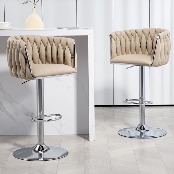 Adjustable Height, Silver Metal Yellow Bar Stools Set of 2 with Woven ...