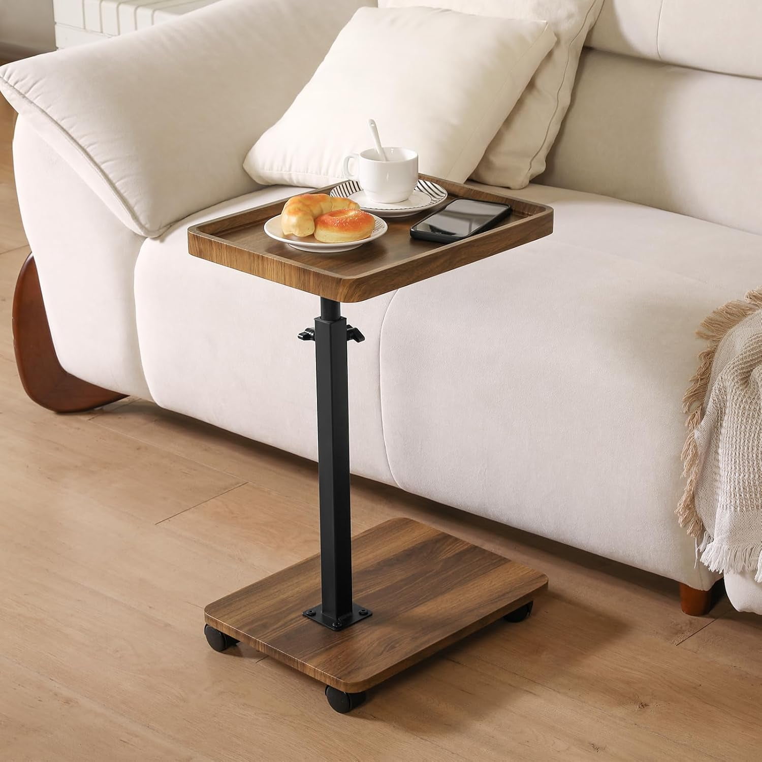 Adjustable Height Sofa Table with Wheels - 360° Rotating C-Shaped Side ...