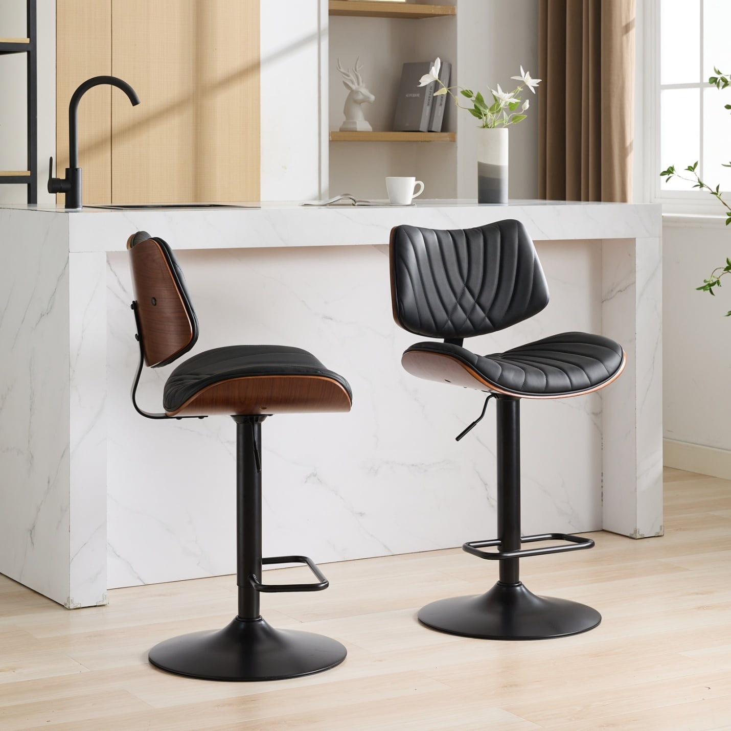 Adjustable Height Swivel Bar Stools Set of 2, Bentwood with PU Leather ...
